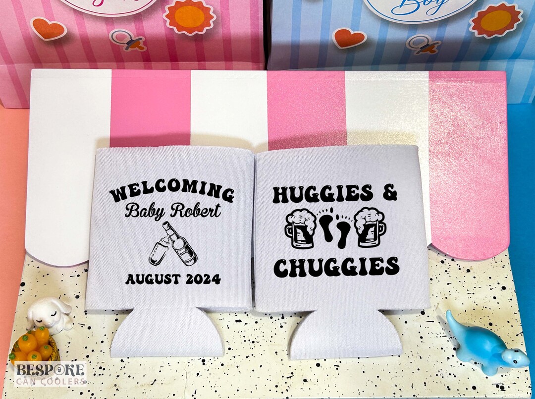 Huggies and Chuggies - Baby Shower Can Coolers, Personalized Can ...