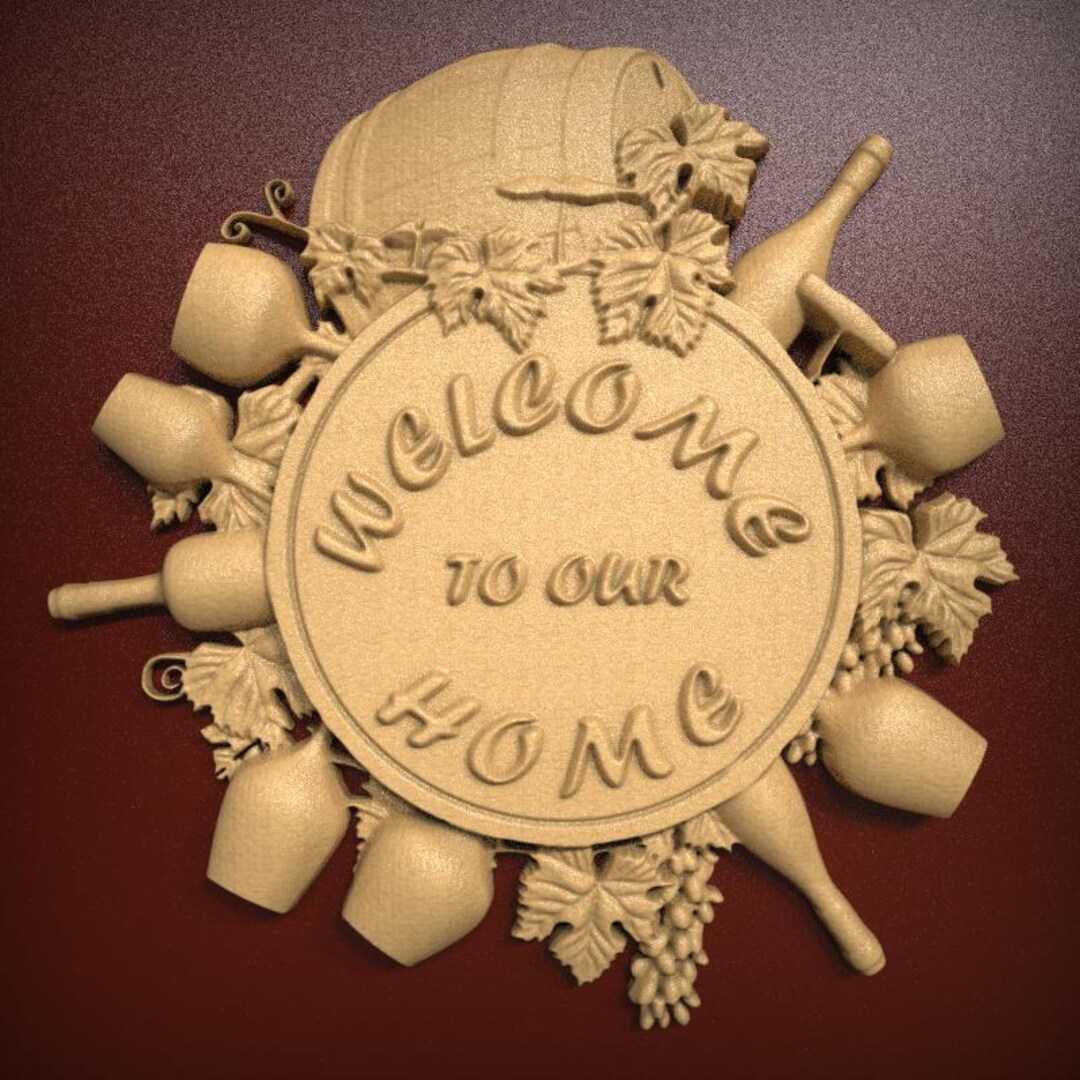 Rustic Welcome Home Wine Sign With Grapes & Barrel 3D Relief STL File ...