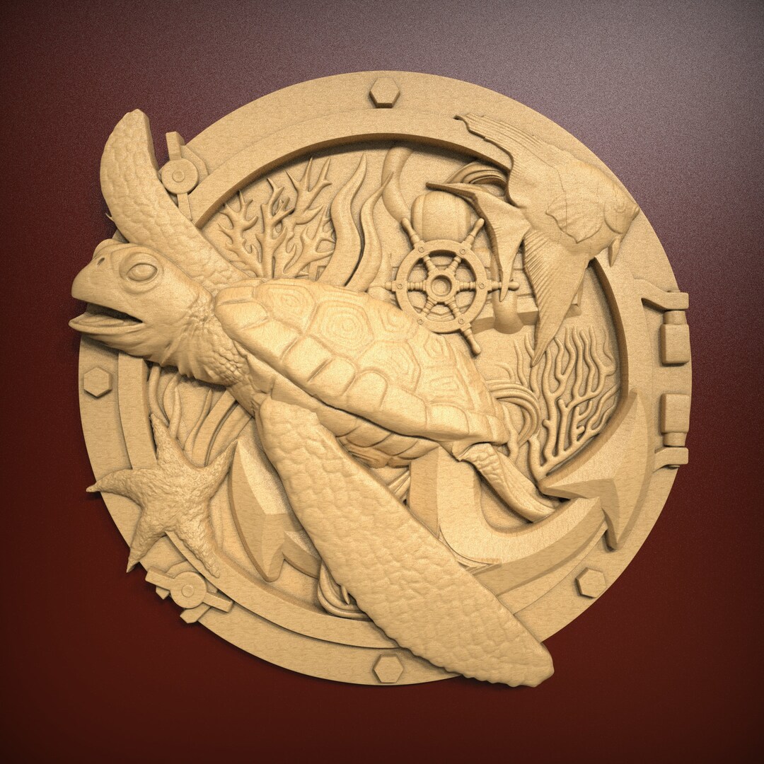 Turtle in Porthole, STL Relief File for CNC Router Carving, Engraving ...