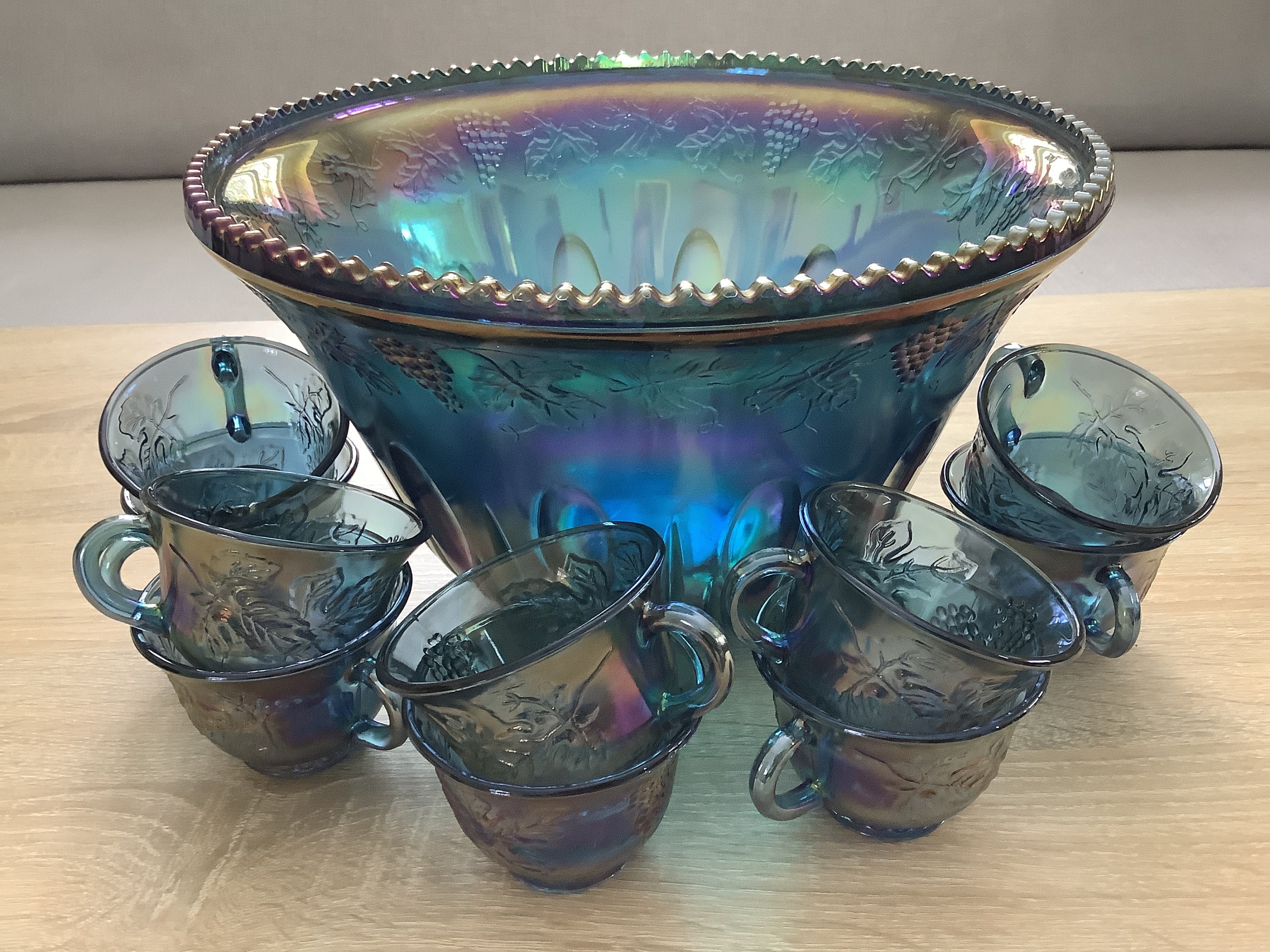 Vintage Indiana Blue Carnival Glass Punch Bowl and 11 Cups - Etsy