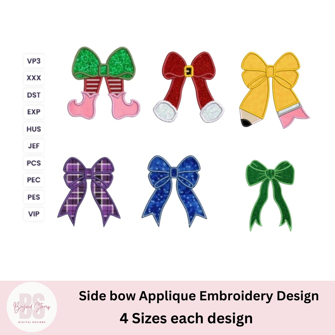 Side Bow Applique Embroidery Designs Bundle, Santa Bow, Elf Bow, Pencil ...