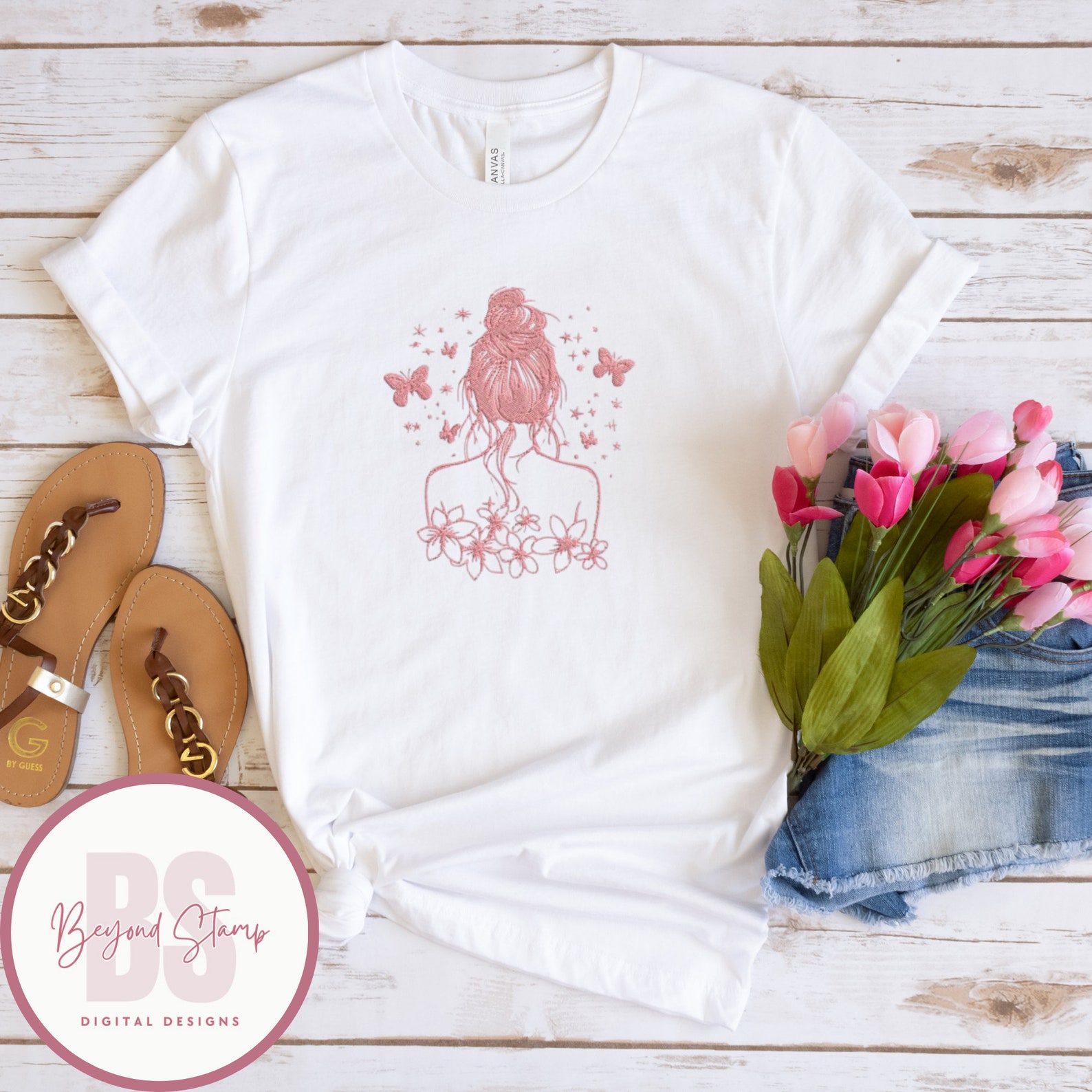Messy Bun Hair Girl With Butterflies Embroidery Design Machine ...