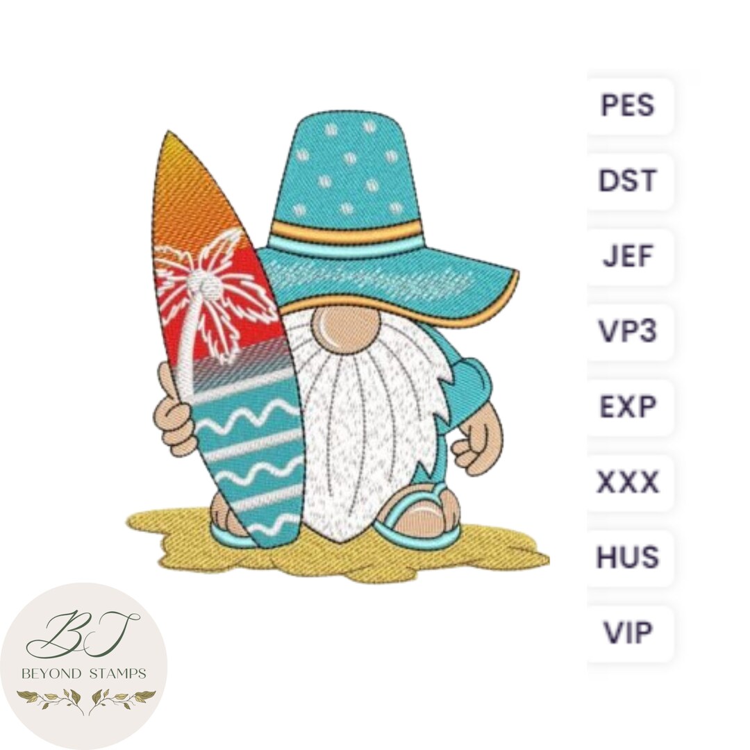 Summer Surfer Gnome Machine Embroidery Design, Summer Embroidery, Beach ...