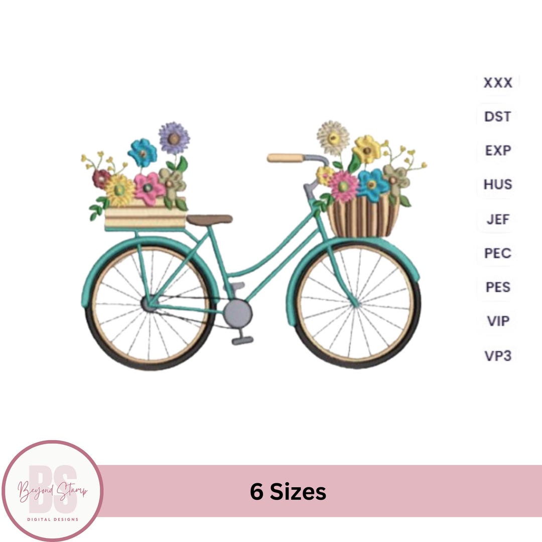 Floral Cycle Embroidery Design, Flowers Basket on Bicycle, Floral Bike ...
