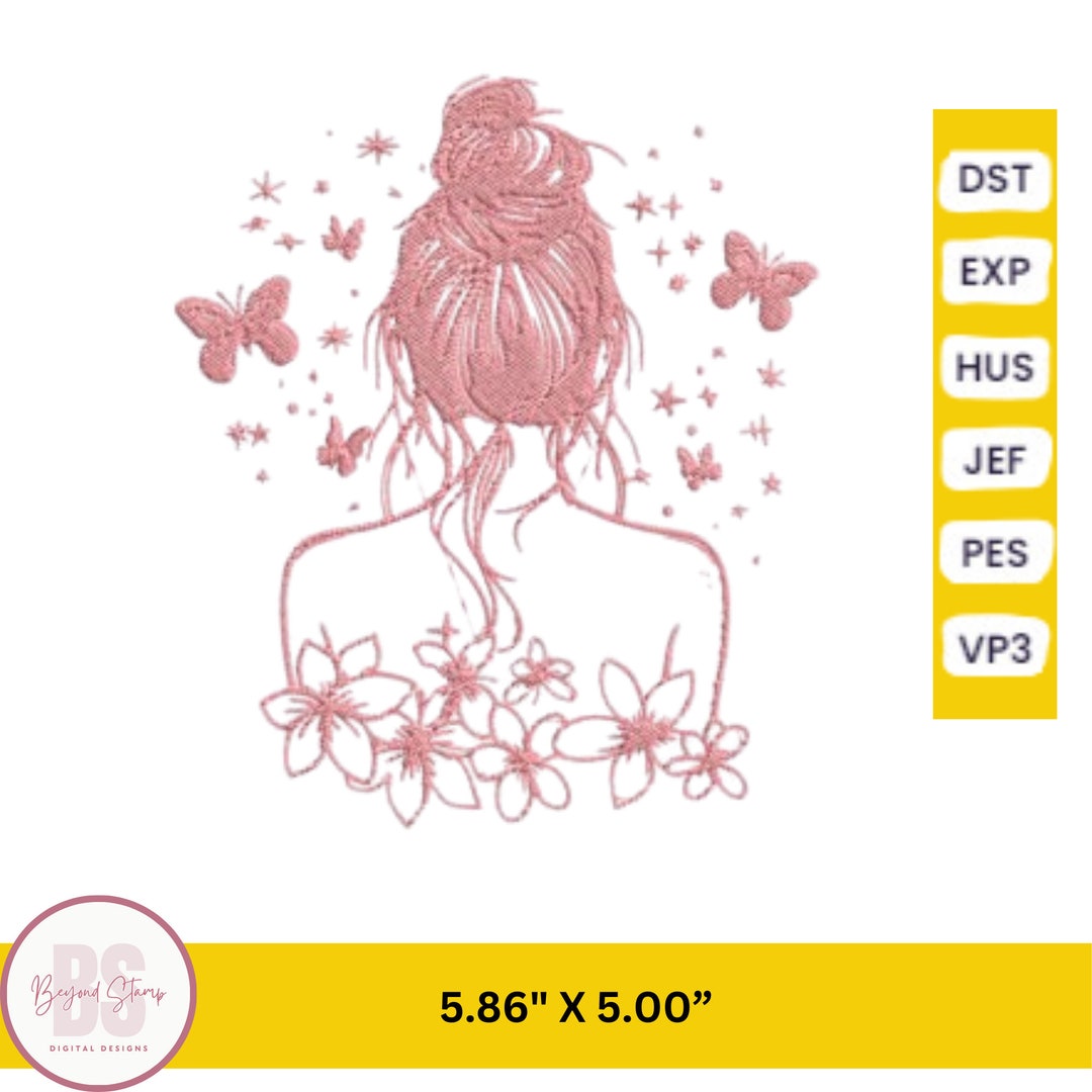 Messy Bun Hair Girl With Butterflies Embroidery Design Machine ...