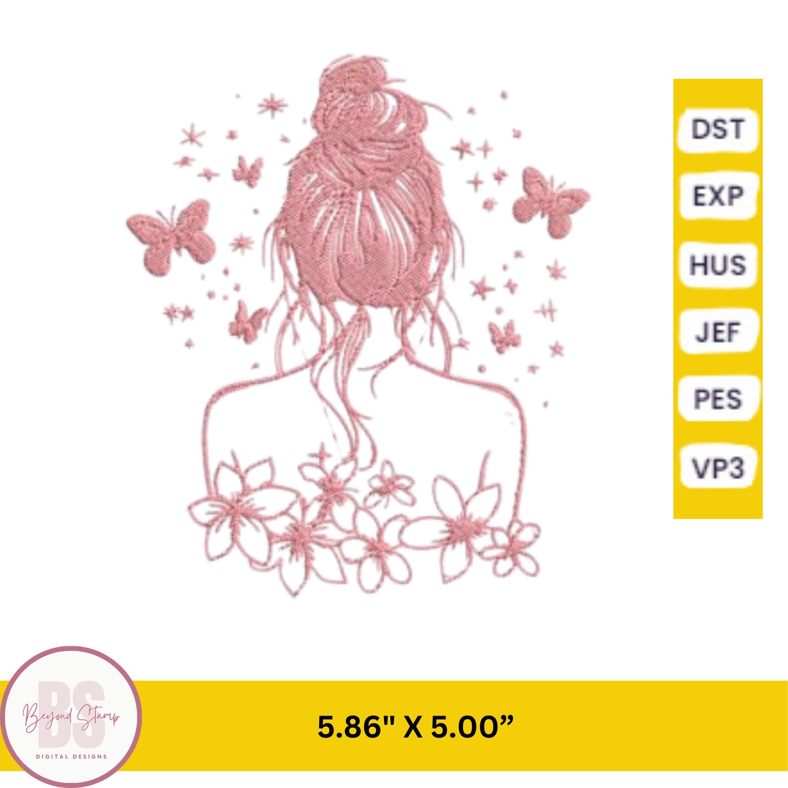 Messy Bun Hair Girl With Butterflies Embroidery Design Machine ...