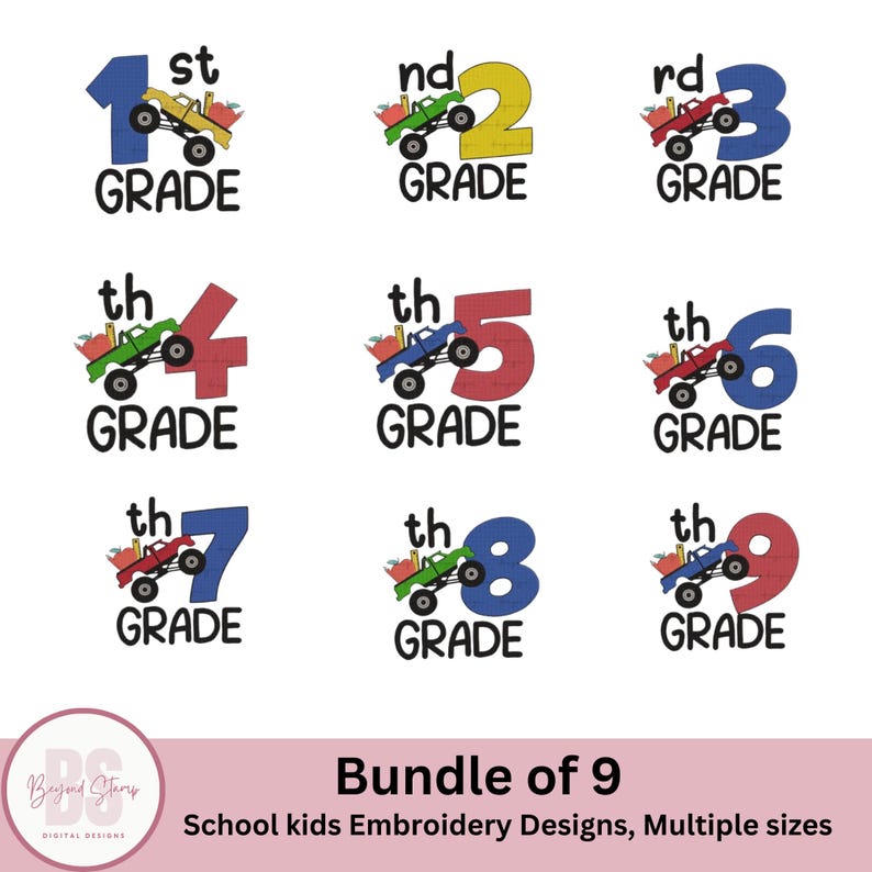 School Grades Machine Embroidery Designs Bundle, 1st Grade to 9th Grade ...