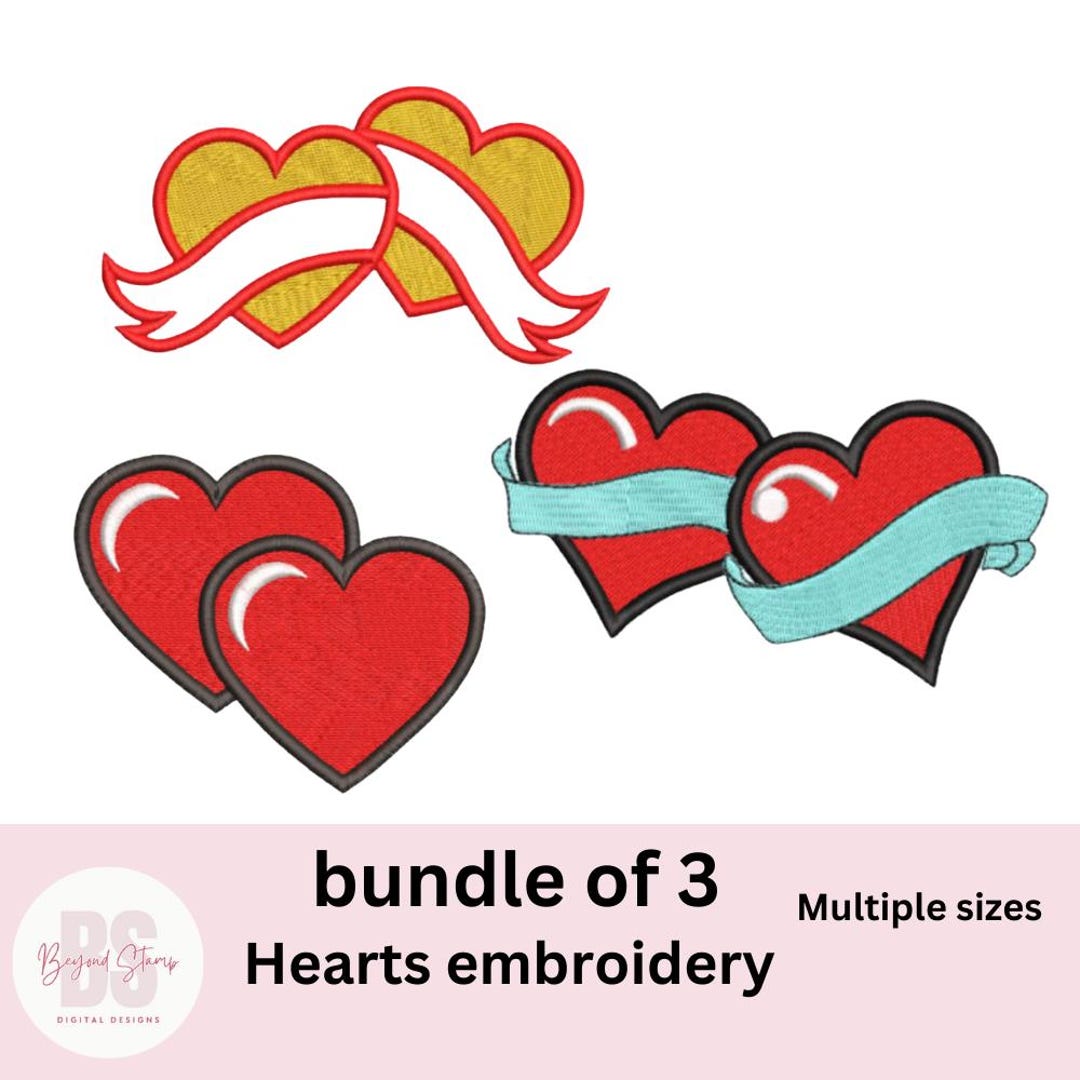 Hearts Embroidery Designs Bundle of 3 Heart With Ribbon Embroidery ...