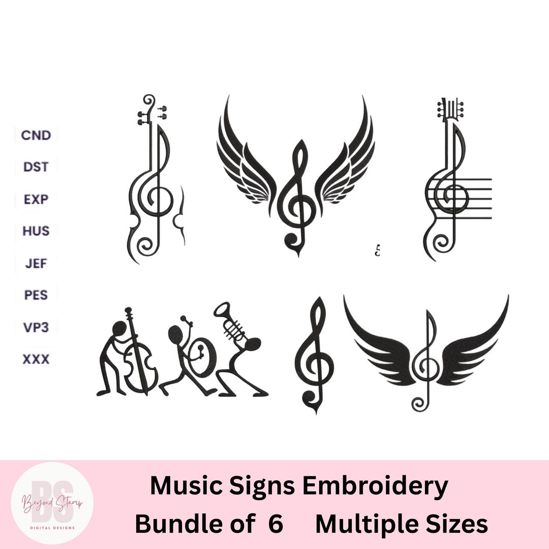 Musical Notes Signs Embroidery Designs, Music Signs Embroidery, Treble ...