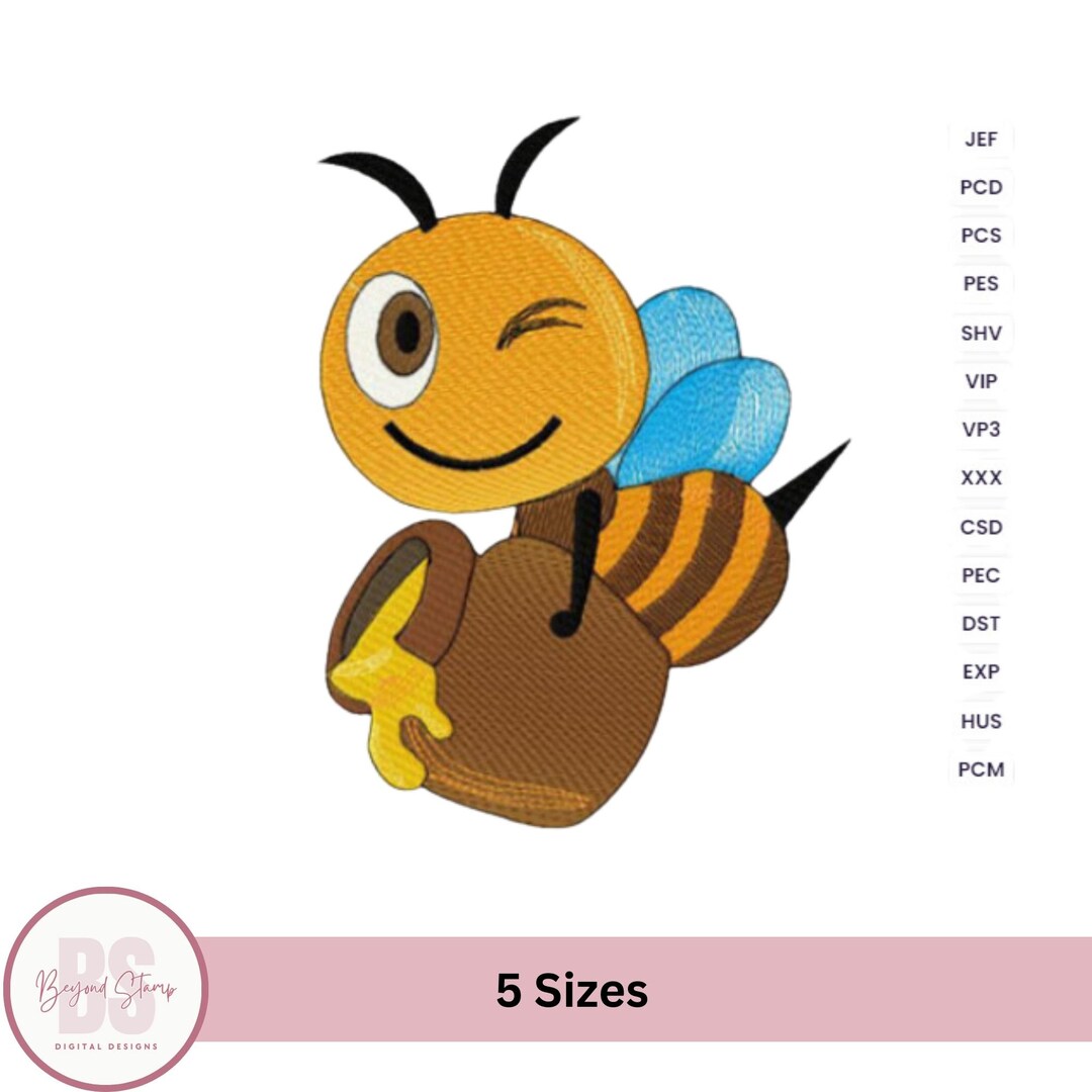 Bee Embroidery Design, Winking Bee With Honey Jar , Smiling Honey Bee ...