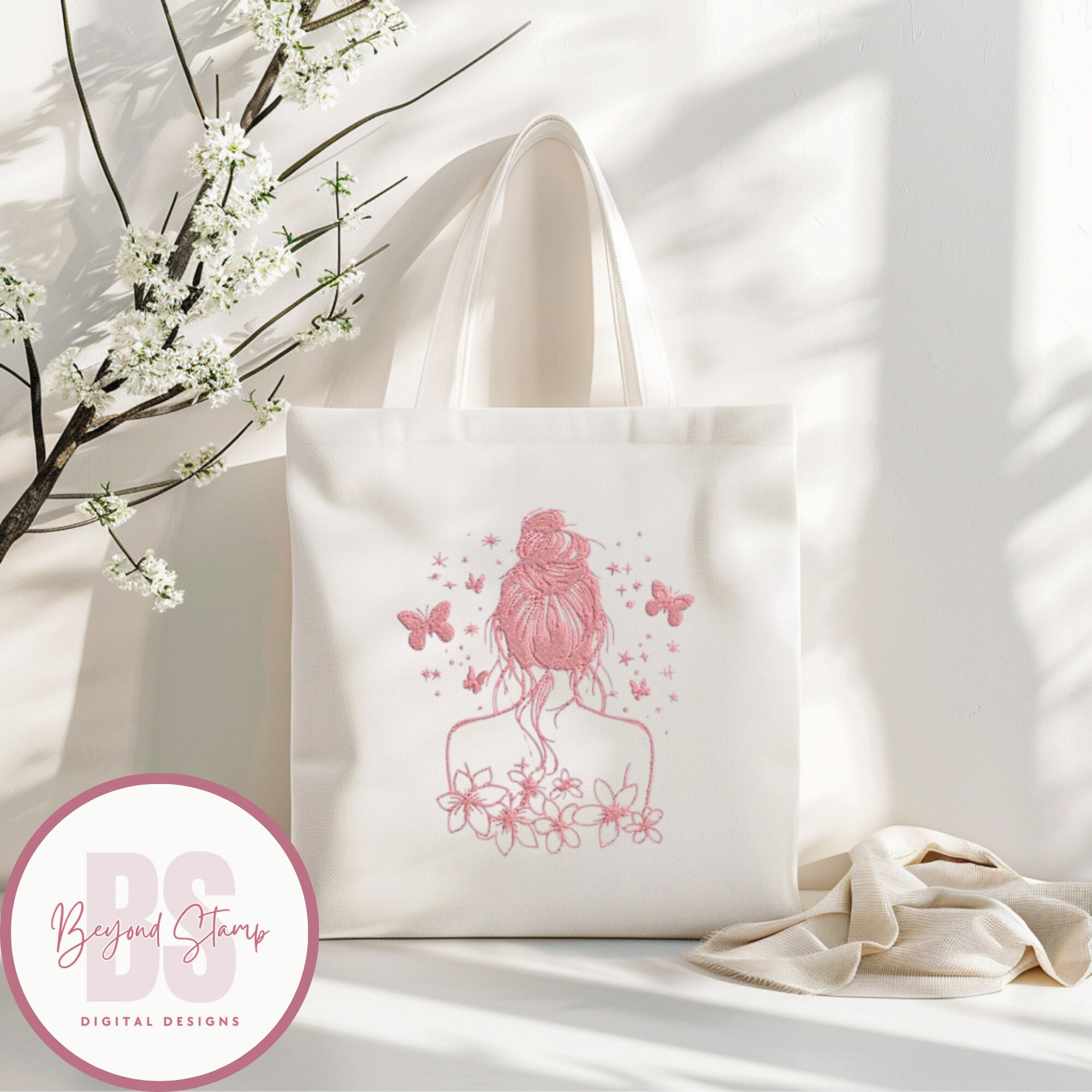 Messy Bun Hair Girl With Butterflies Embroidery Design Machine ...