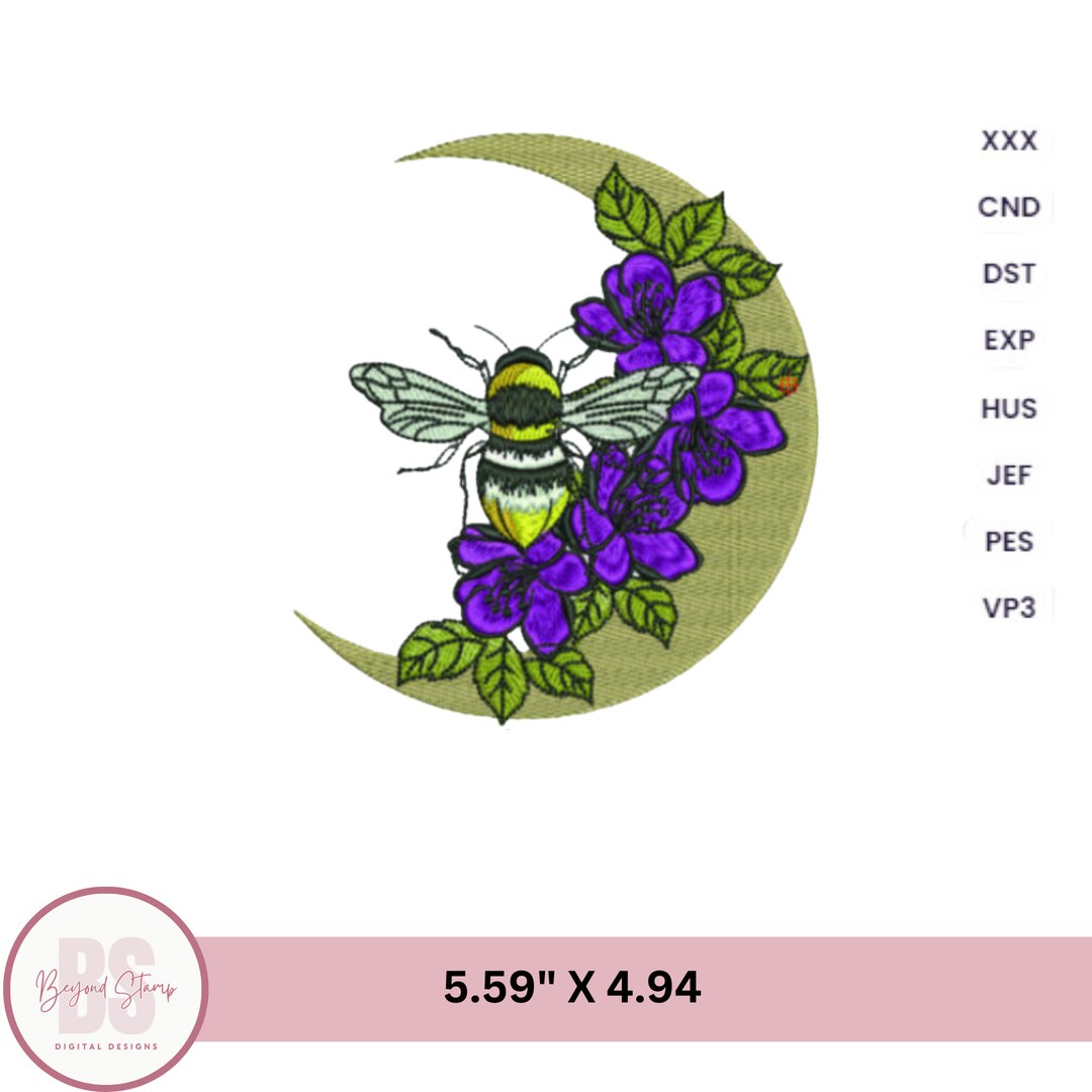Honey Bee and Flower Machine Embroidery Design, Moon Embroidery, Bee ...