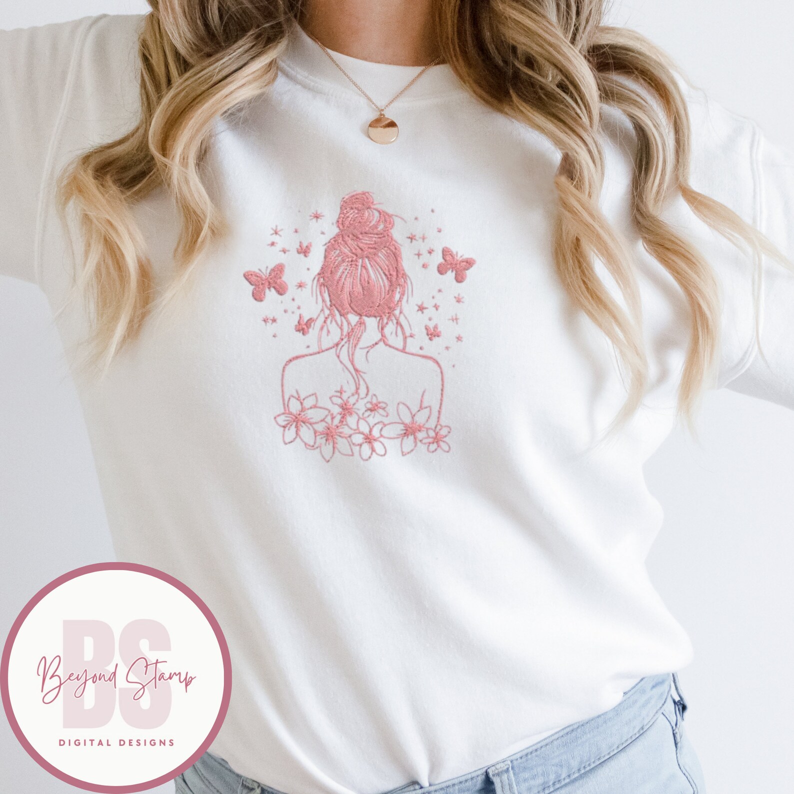 Messy Bun Hair Girl With Butterflies Embroidery Design Machine ...
