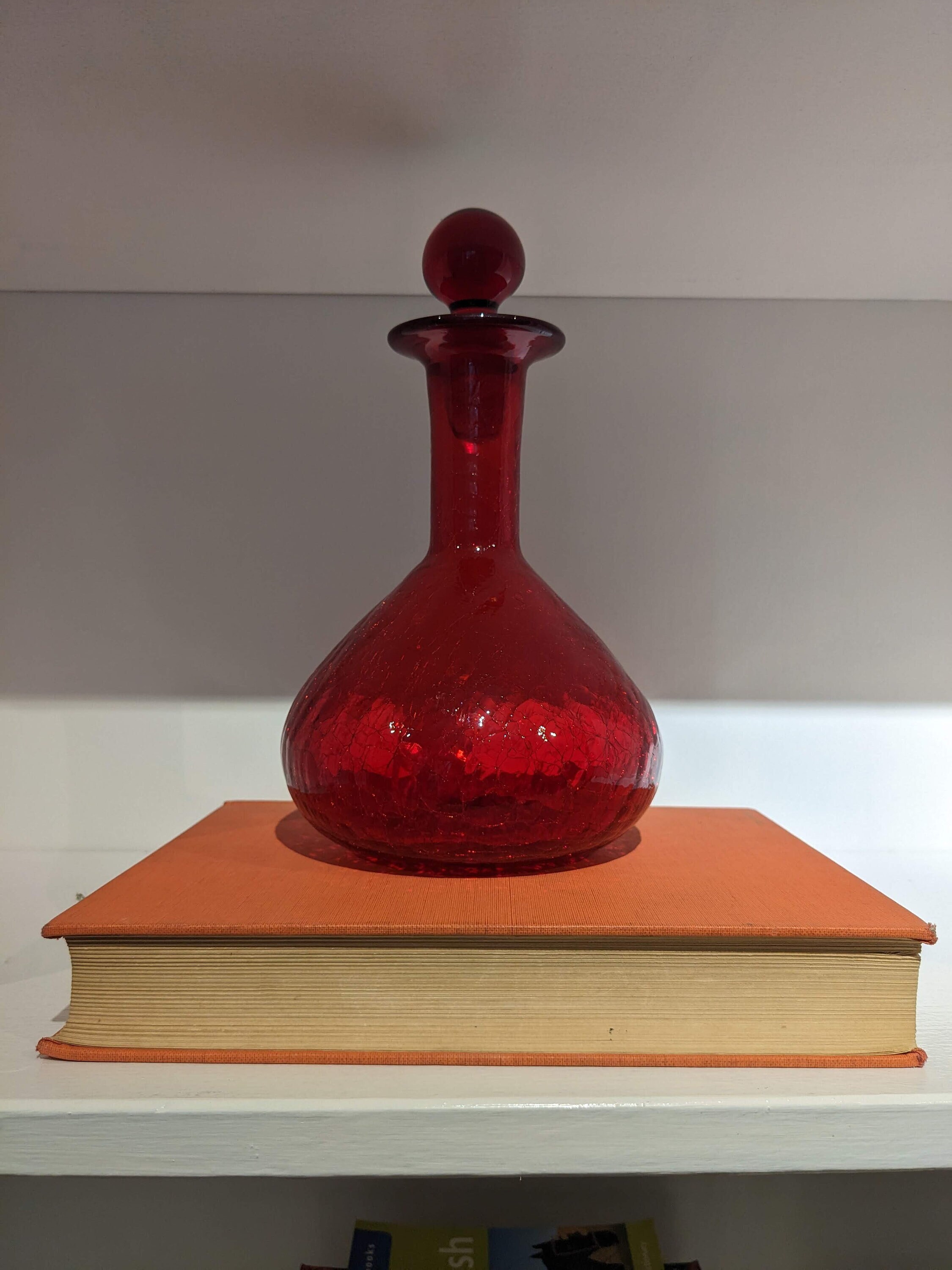 Vintage Ruby Red Hand-blown Crackle Decanter, Mid Century Glass ...