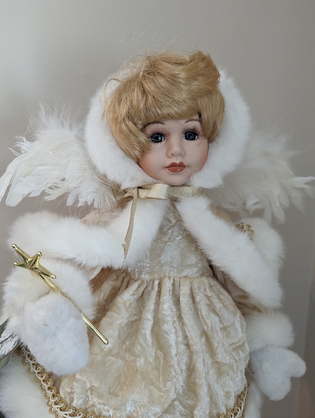 Snow Angel Porcelain Doll With Fur Trim and Feather Wings, Animated and ...