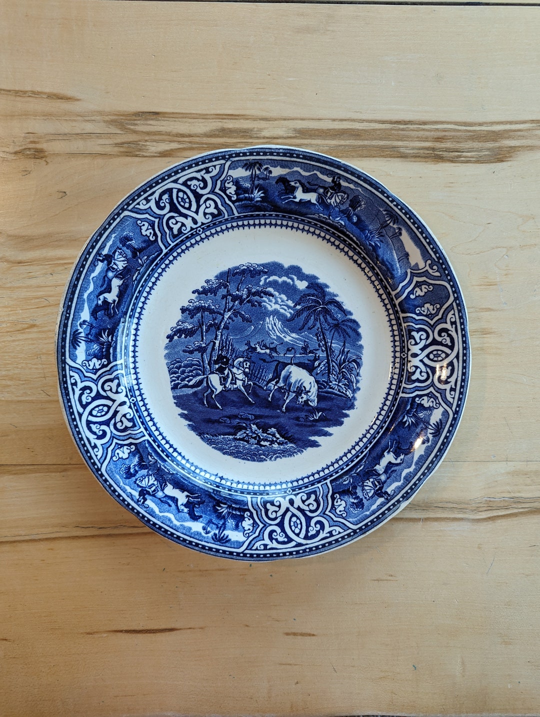Antique Blue and White George Jones Toro Pattern Dark Blue Transferware ...