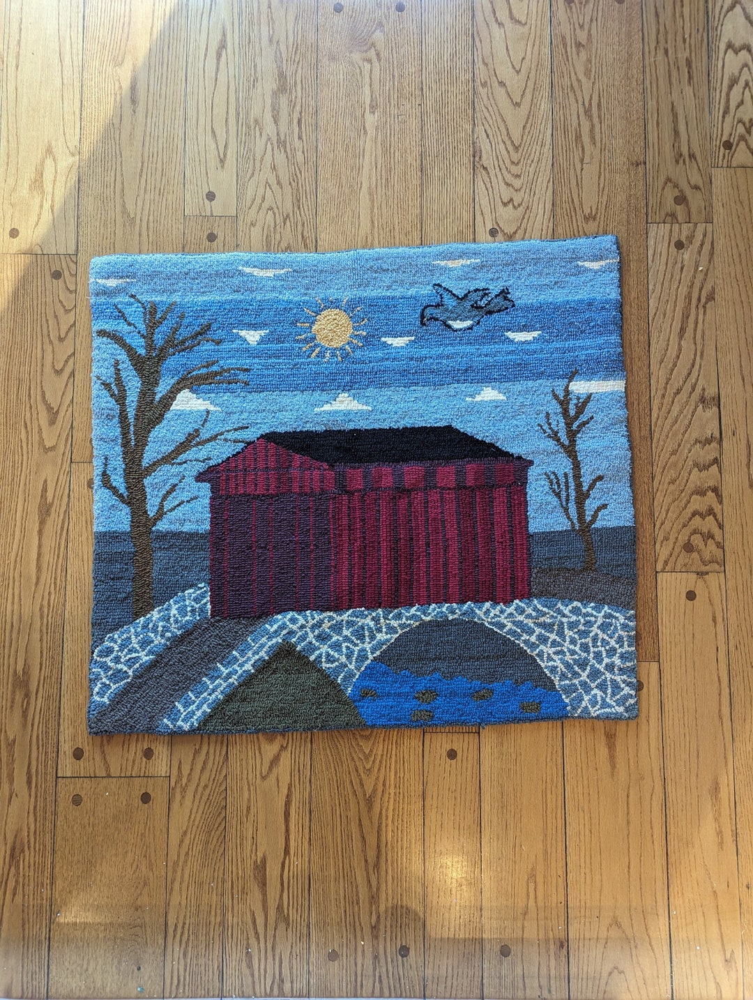 Vintage Pictoral Large Hooked Rug, Red Barn Landscape Hand Made Rug ...