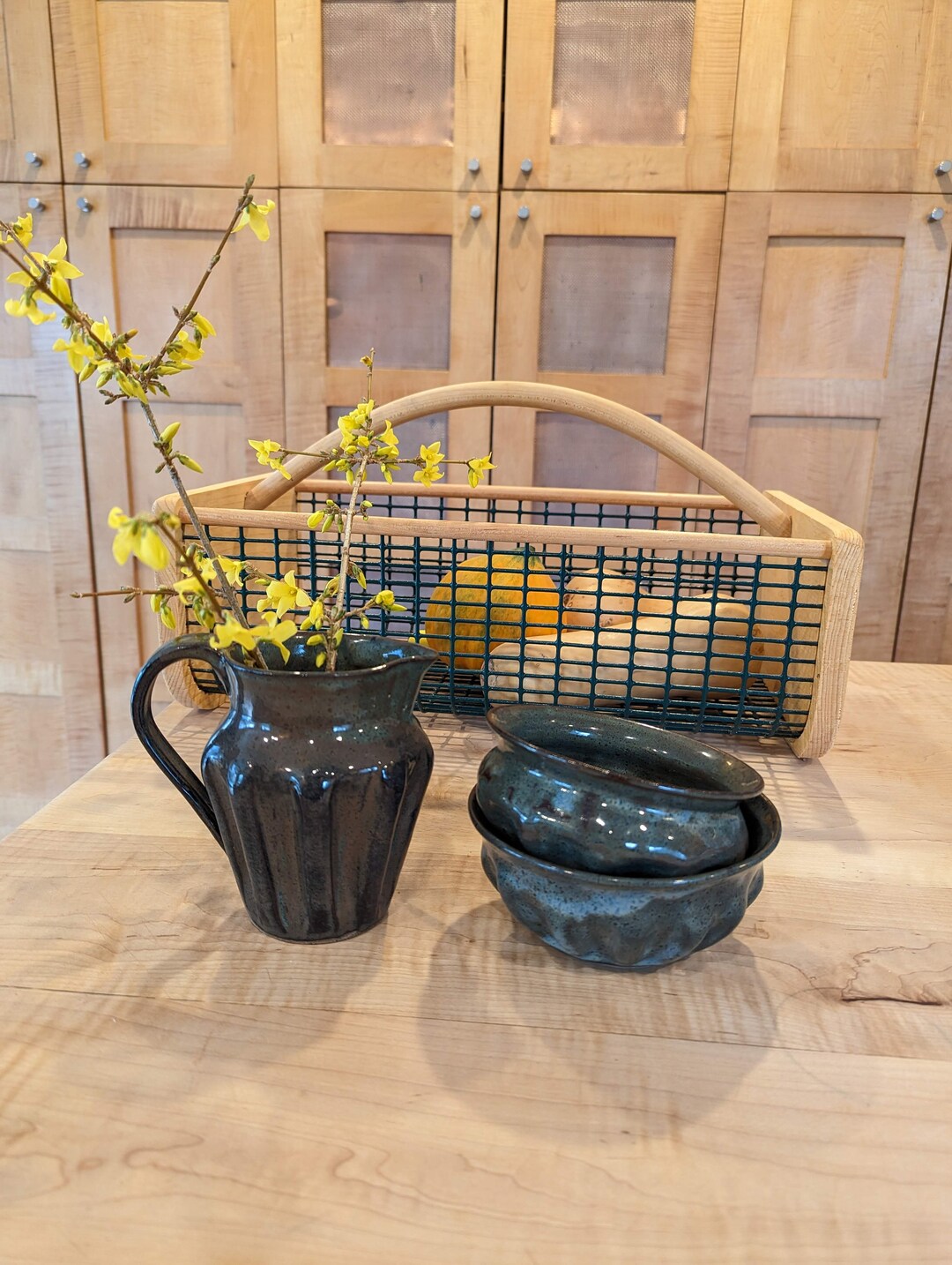 Pottery Pitcher Set, Ceramic Creamer Set Signed, Glazed Stoneware Bowls ...