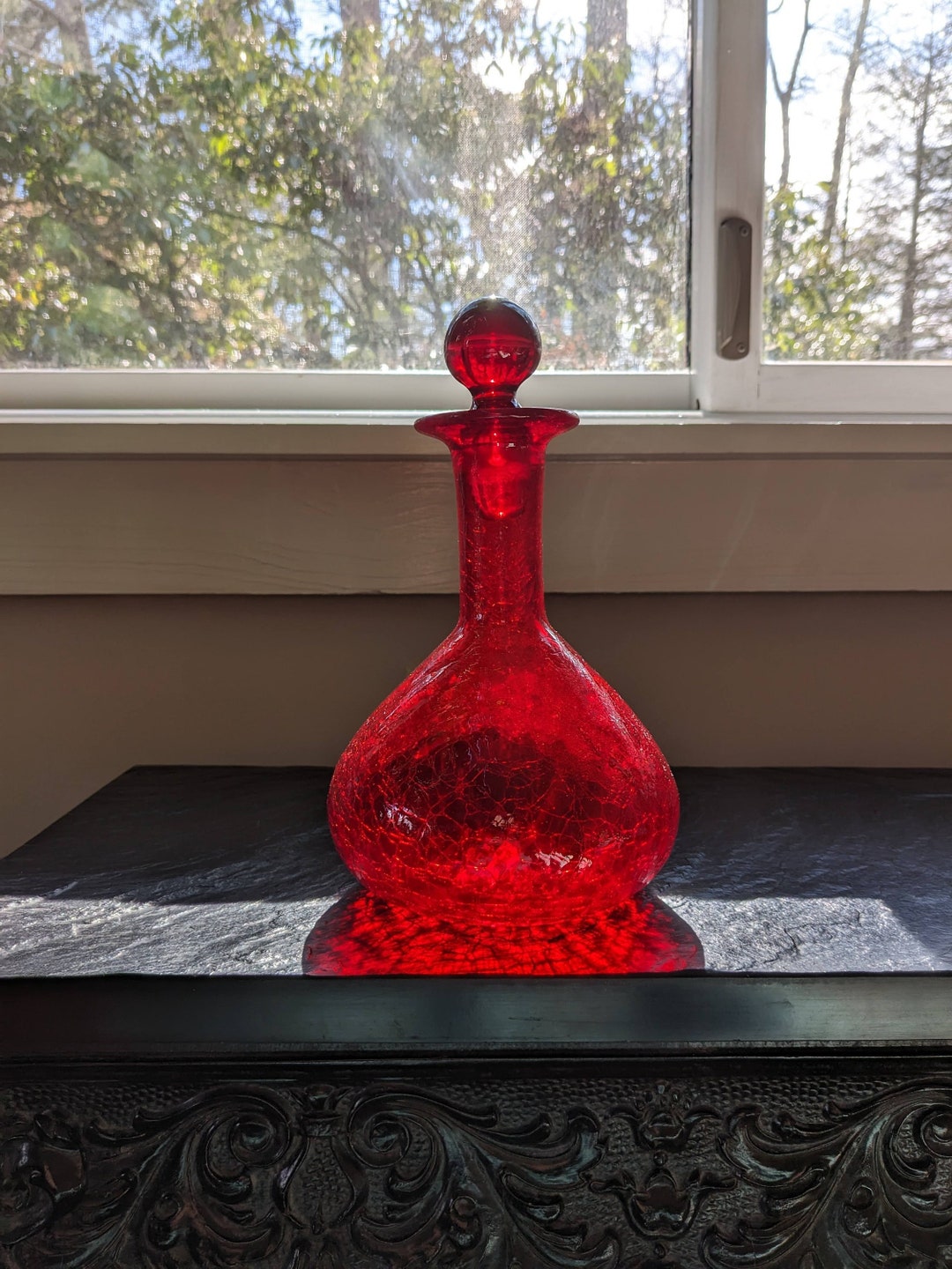 Vintage Ruby Red Hand-blown Crackle Decanter, Mid Century Glass ...
