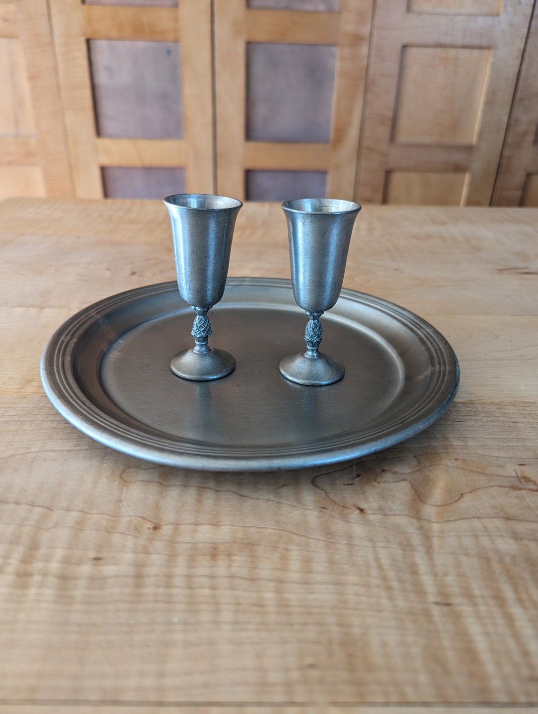 Vintage International Silver Pewter Round Serving Tray With Two Pewter ...