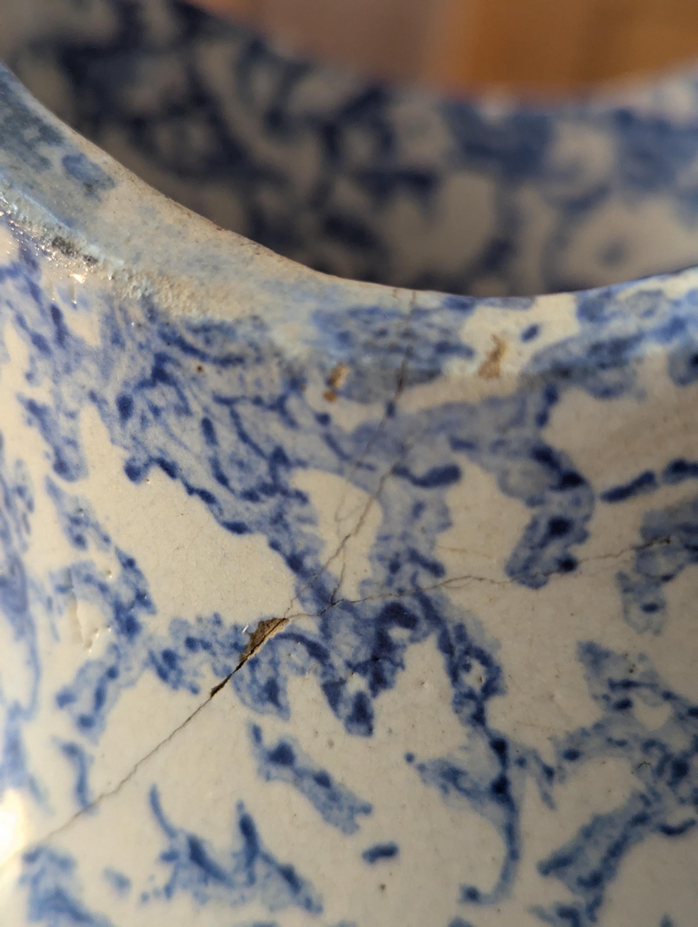 19th Century Sponge Ware Large Pottery Pitcher, Blue and White Sponge ...