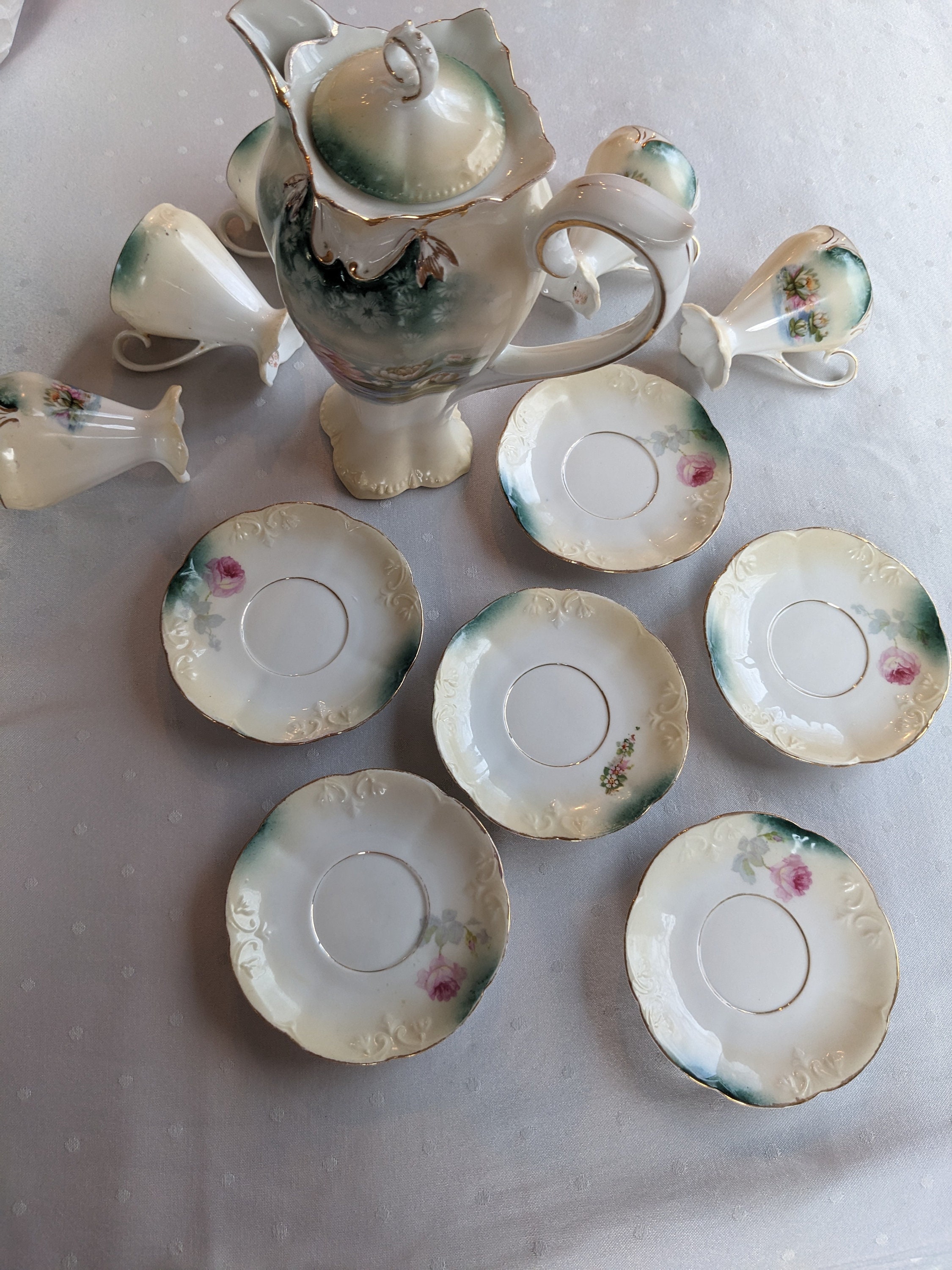 RS Prussia Antique Chocolate Set, Chocolate Pot With 6 Cups and Saucers ...