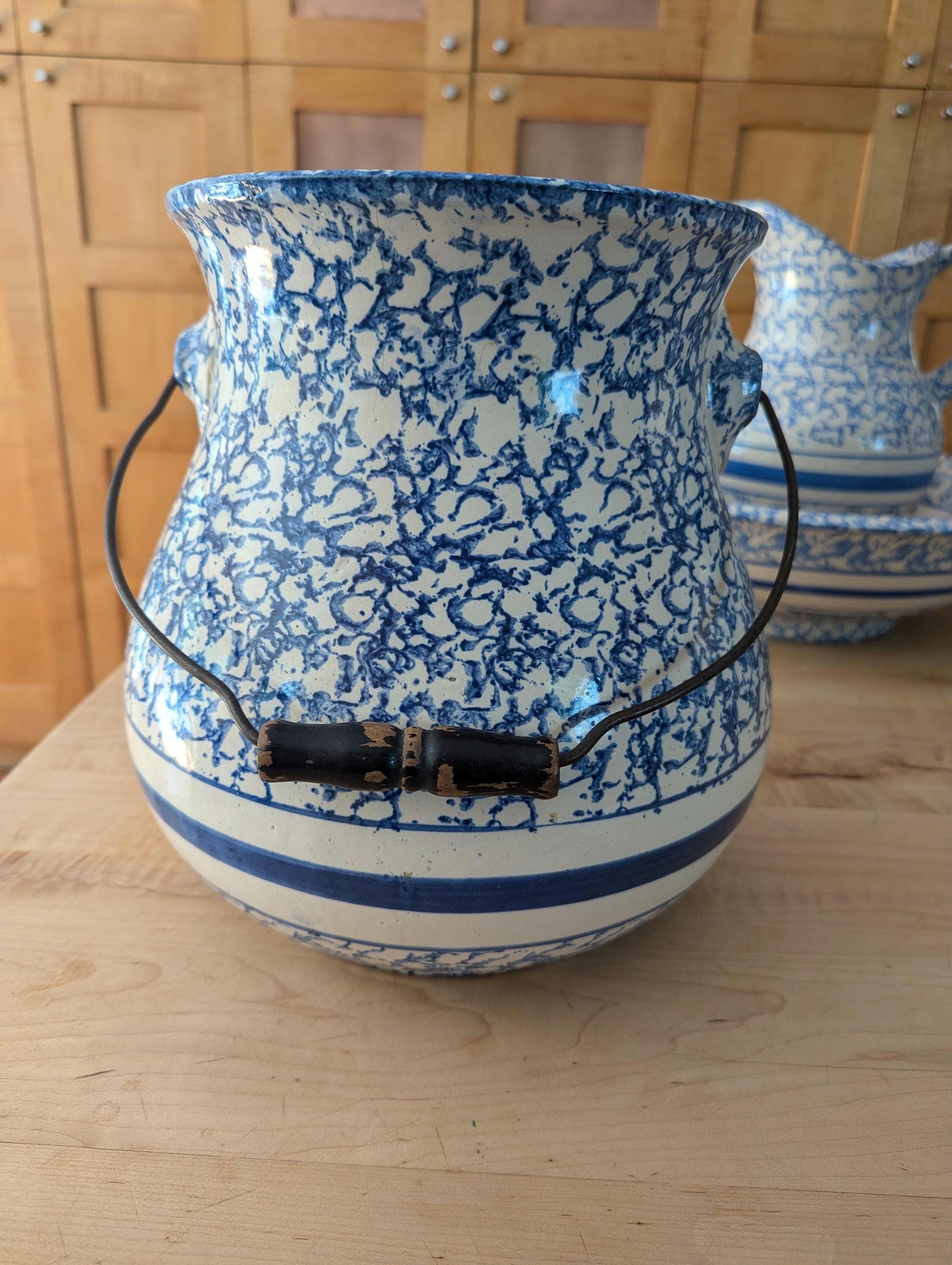 19th Century Sponge Ware Slop Bucket With Original Wire Handle, Blue ...