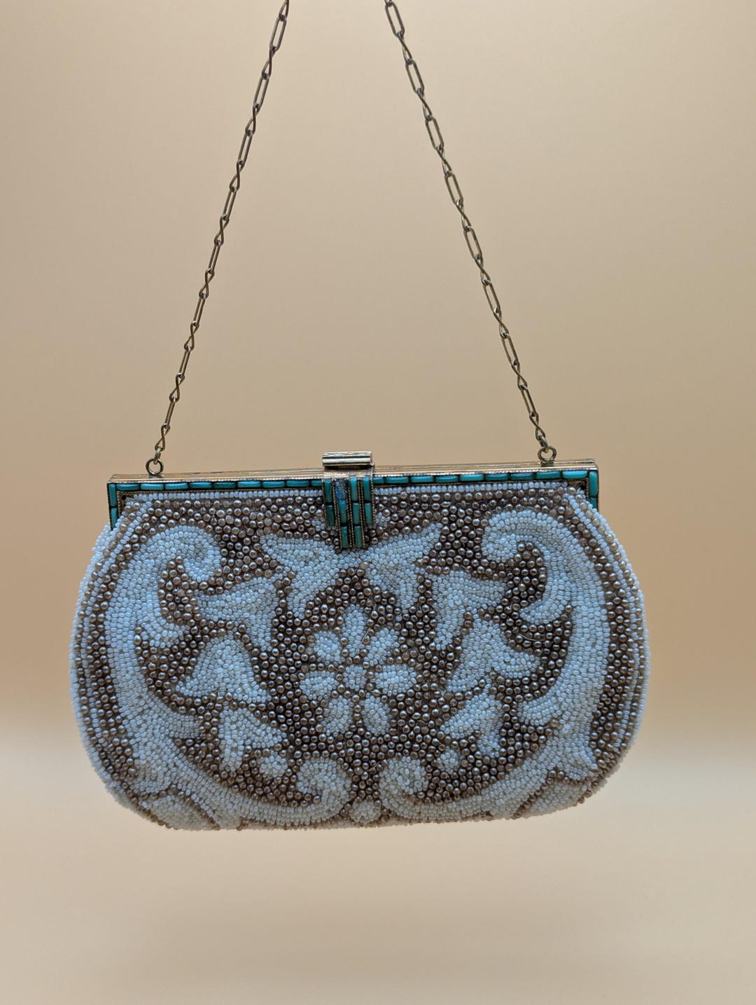 Antique Art Deco Beige Beaded Purse With Gold Tone Chain and Turquoise ...