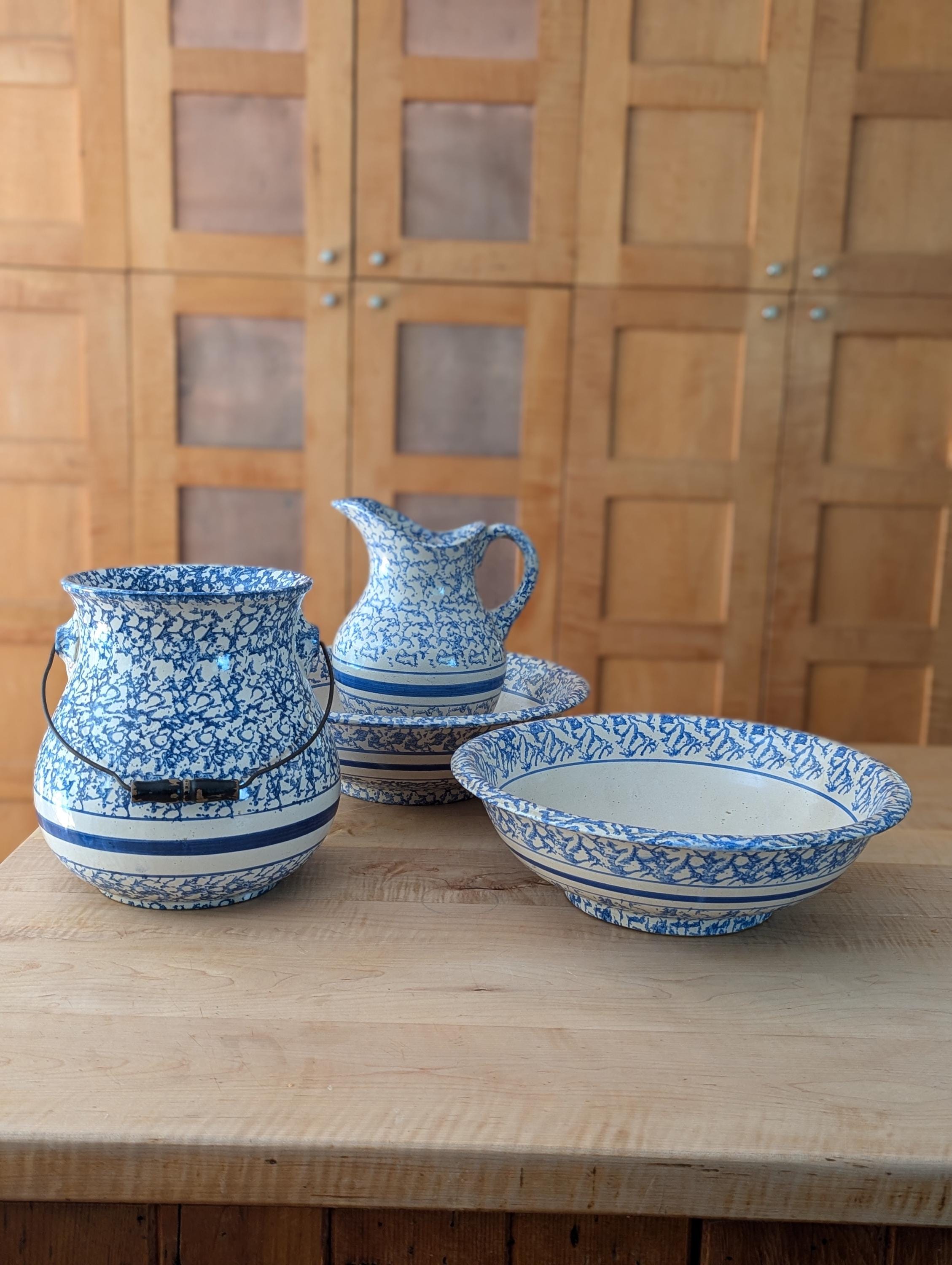 19th Century Sponge Ware Large Pottery Pitcher, Blue and White Sponge ...