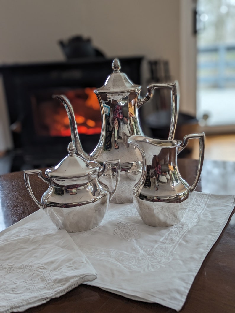 Antique Silverplate Tea Set Patrician by ONEIDA Silver, Art Deco Teapot ...