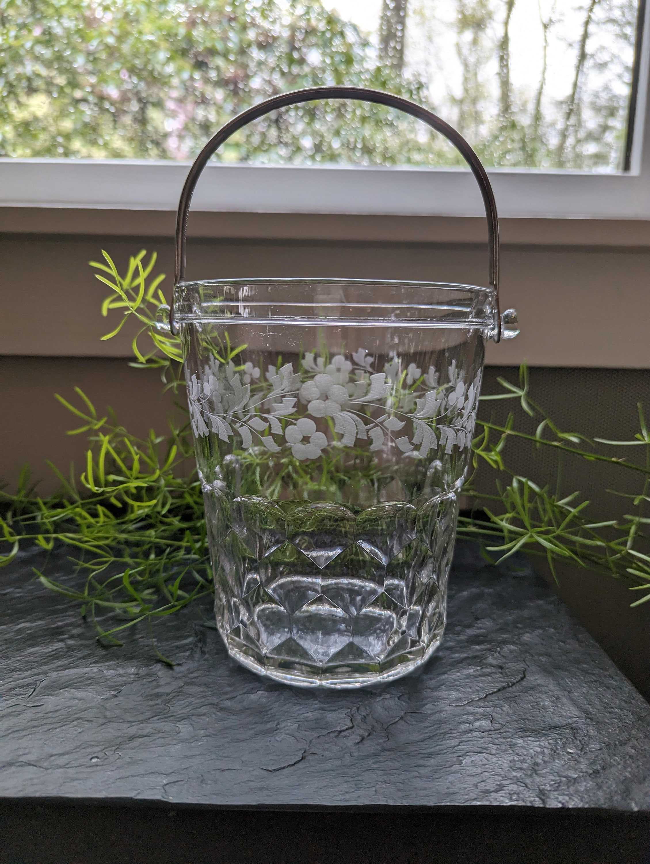 Vintage Etched Glass Ice Bucket Floral Etched Glass Bucket - Etsy