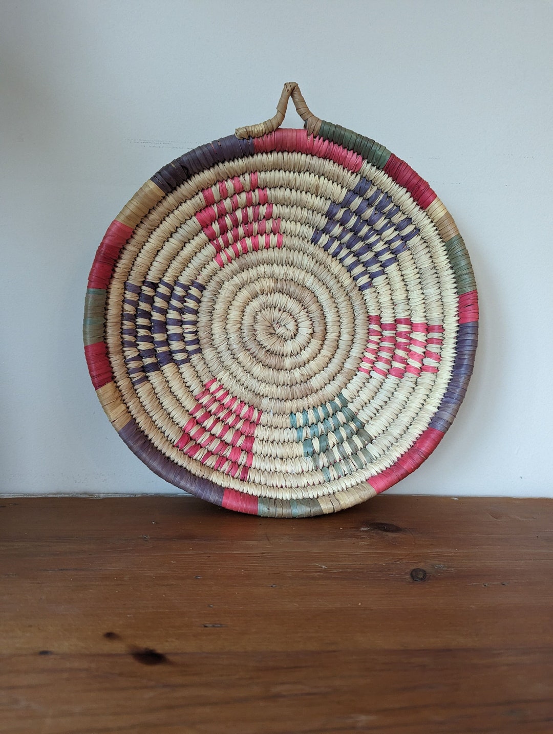 Woven Coil Round Colorful Basket, Large Wall Basket Handmade, Shallow ...