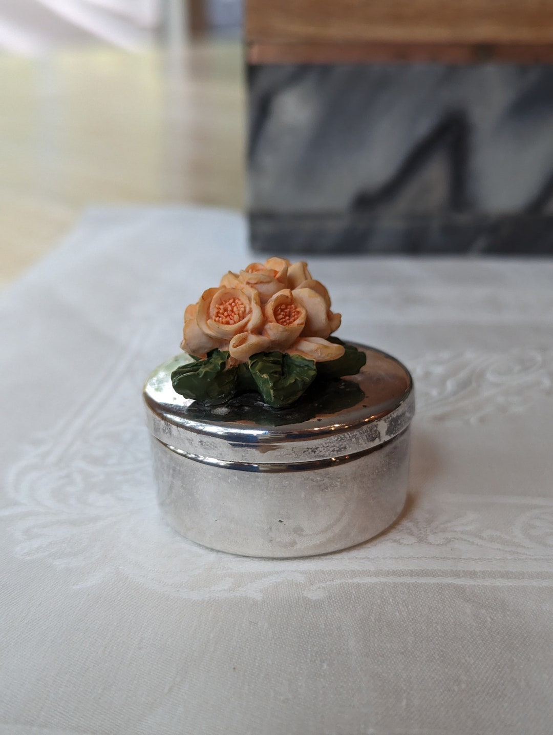Vintage Silver Plated Mini Round Trinket Box With Peach Colored Flowers ...