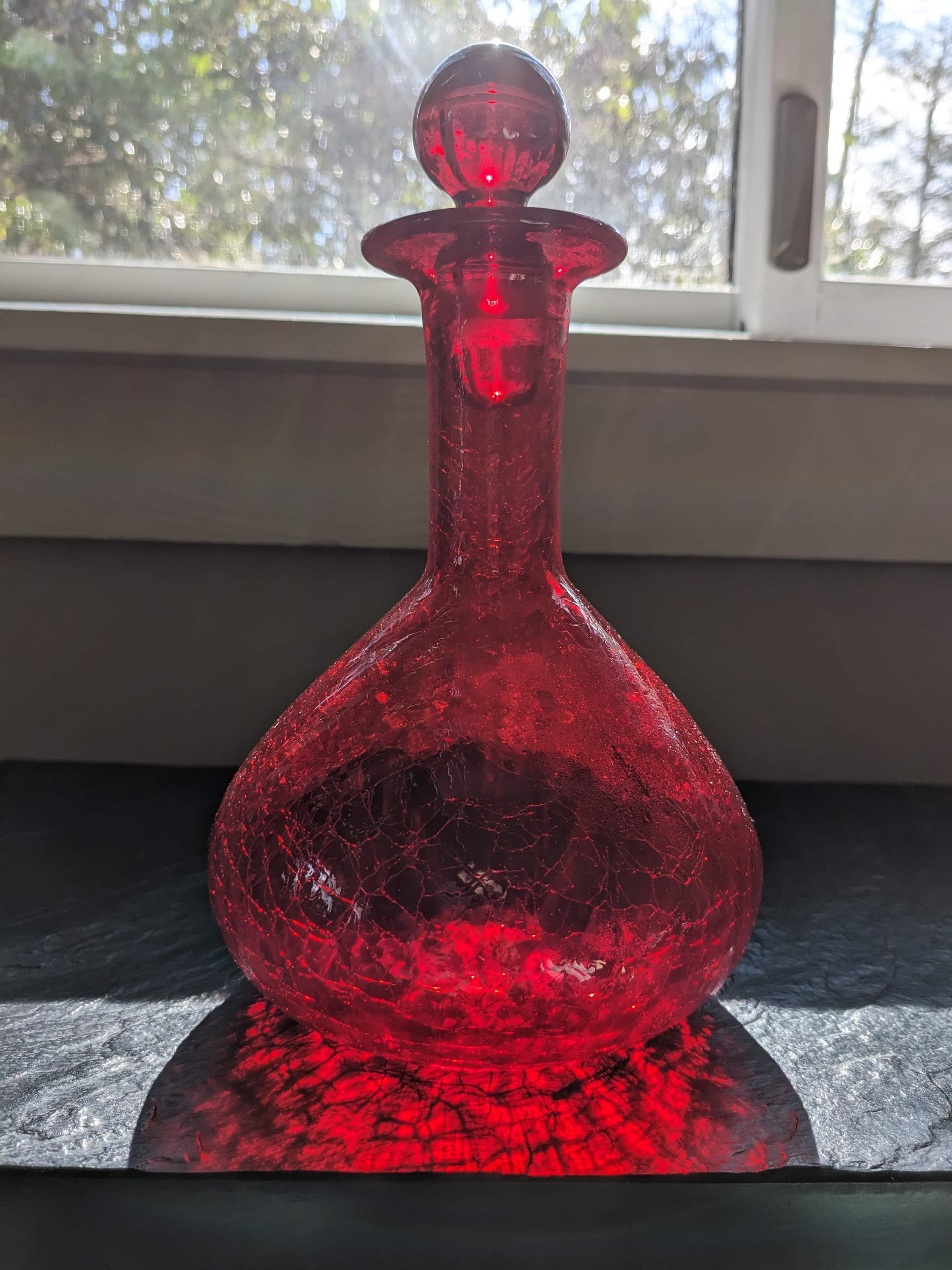 Vintage Ruby Red Hand-blown Crackle Decanter, Mid Century Glass ...