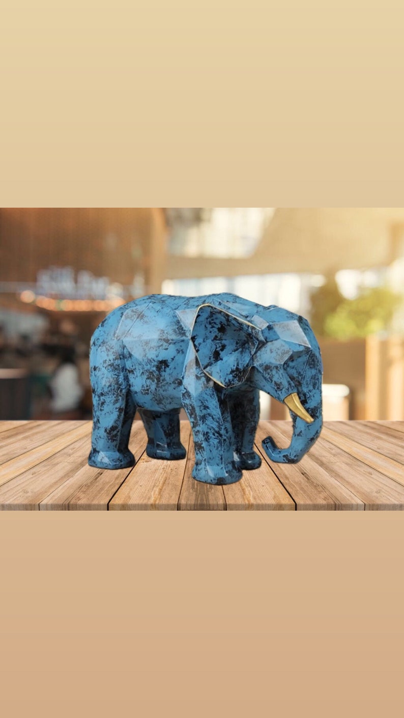 Elephant Statue, Blue Elephant Sculpture , Geometric Elephant Figurine ...