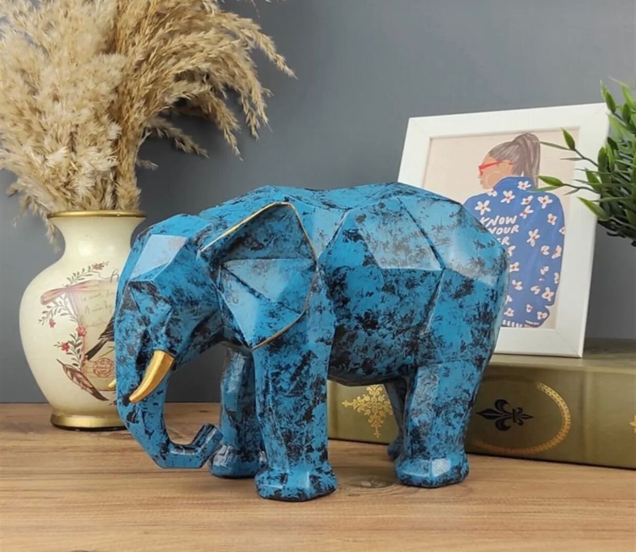 Elephant Statue, Blue Elephant Sculpture , Geometric Elephant Figurine ...