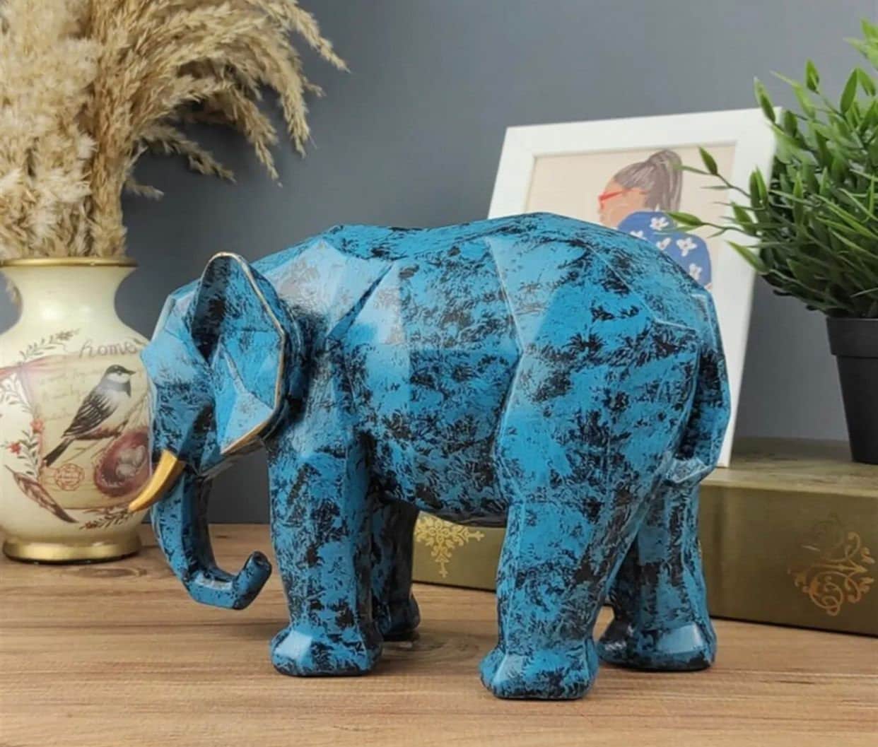 Elephant Statue, Blue Elephant Sculpture , Geometric Elephant Figurine ...