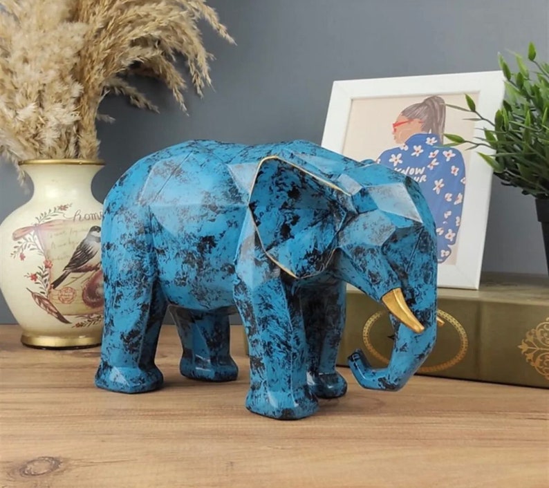Elephant Statue, Blue Elephant Sculpture , Geometric Elephant Figurine ...