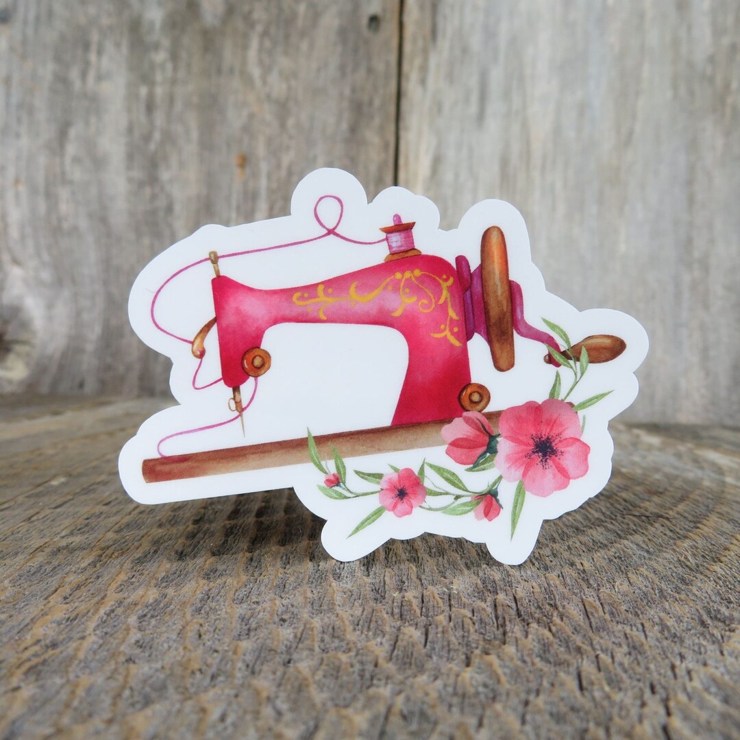 Vintage Sewing Machine Sticker Pink Red Waterproof Flowers Full Color ...