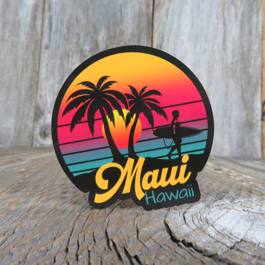 Surfing Hawaii Sticker Maui Retro Sunset Palm Trees Souvenir Travel ...