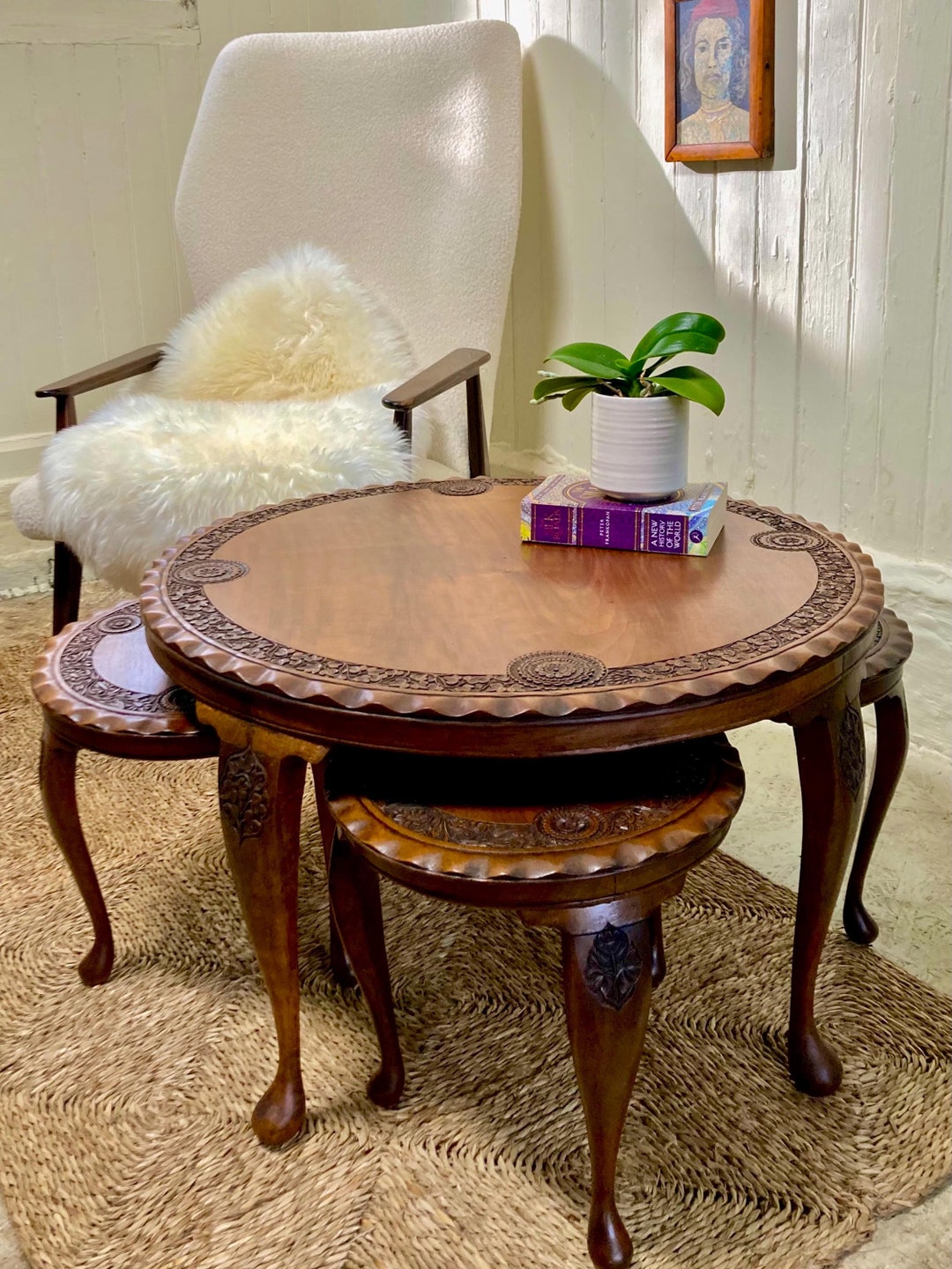 Large Round 1930's Anglo-indian Carved Solid Teak Scalloped Coffee Table (74cm Dia), With 4 ...