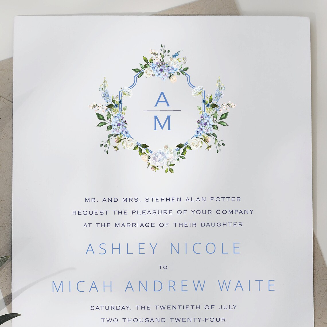 Blue Hydrangea Watercolor Wedding Crest Editable Invitation Suite ...