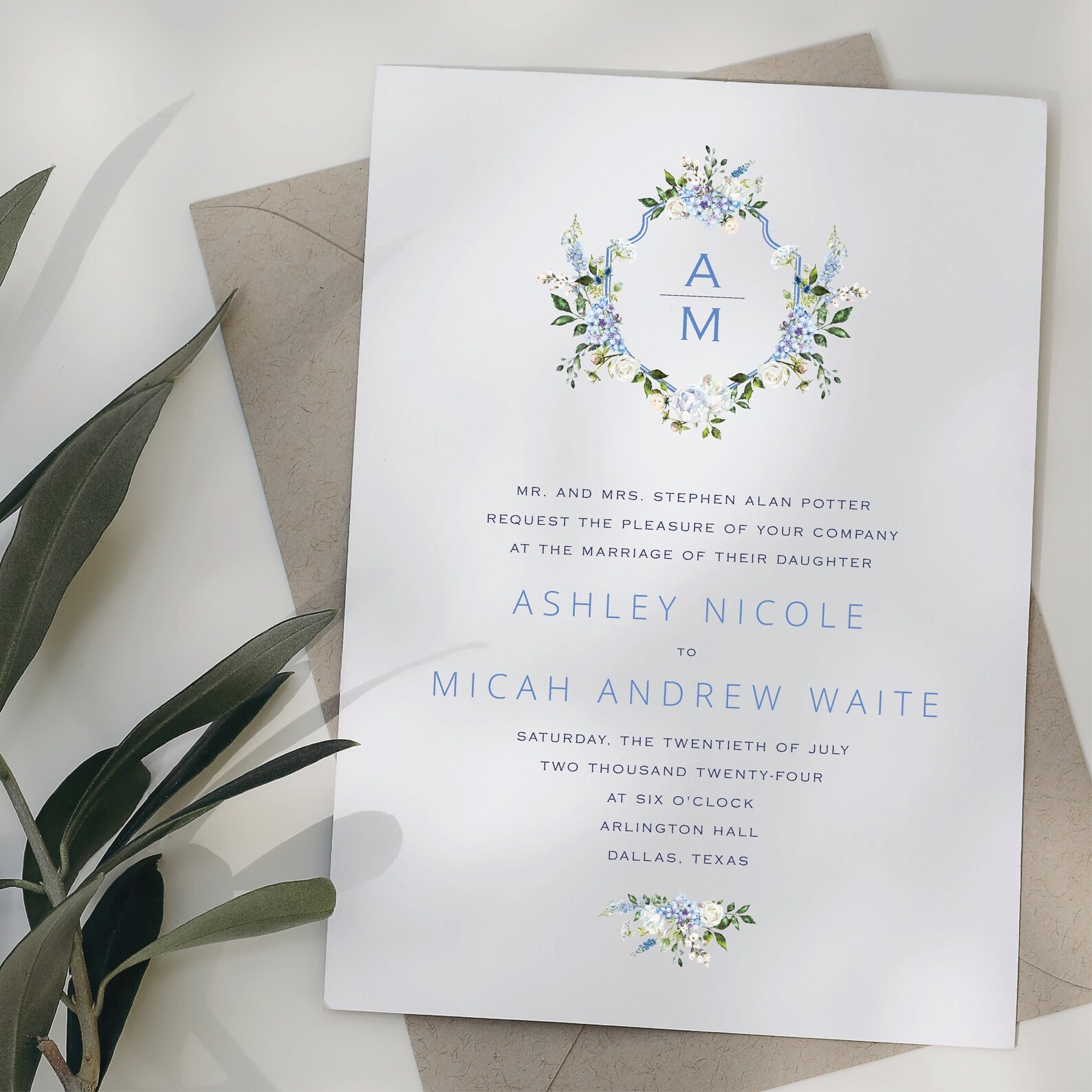 Blue Hydrangea Watercolor Wedding Crest Editable Invitation Suite ...