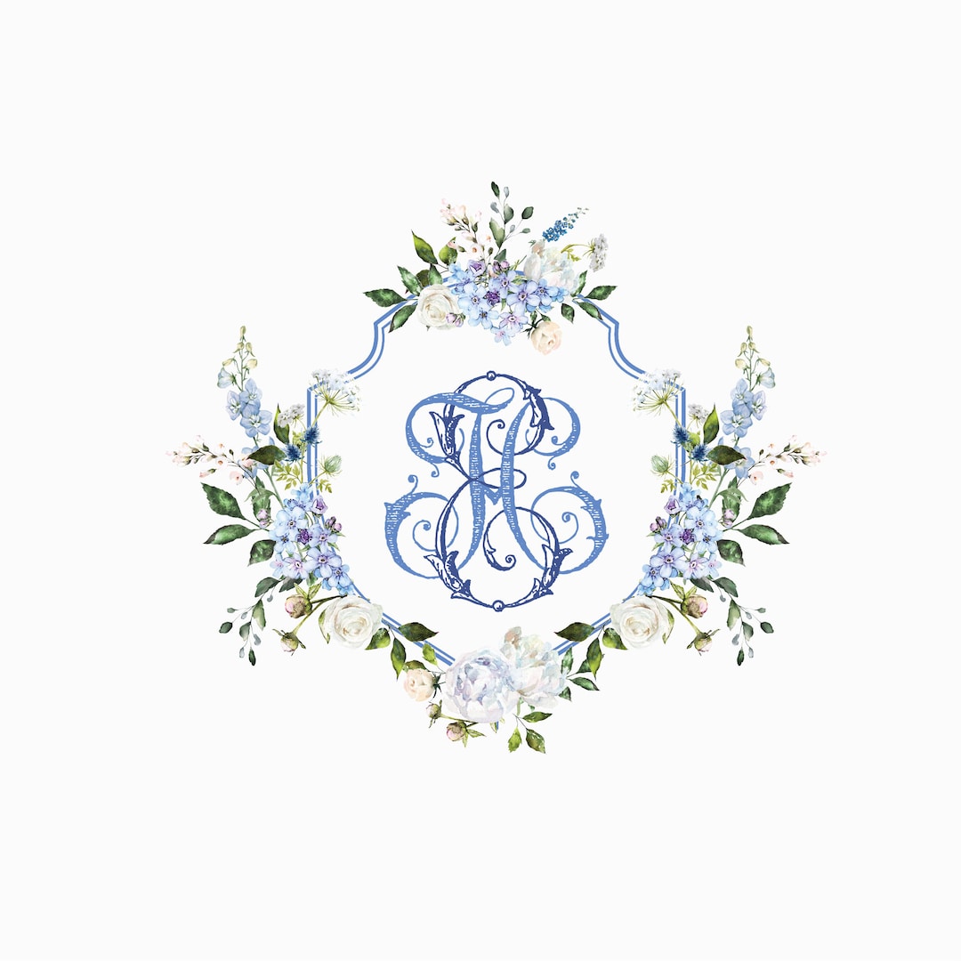 Watercolor Wedding Monogram & Crest, Wedding Couple Logo, Spring Floral ...