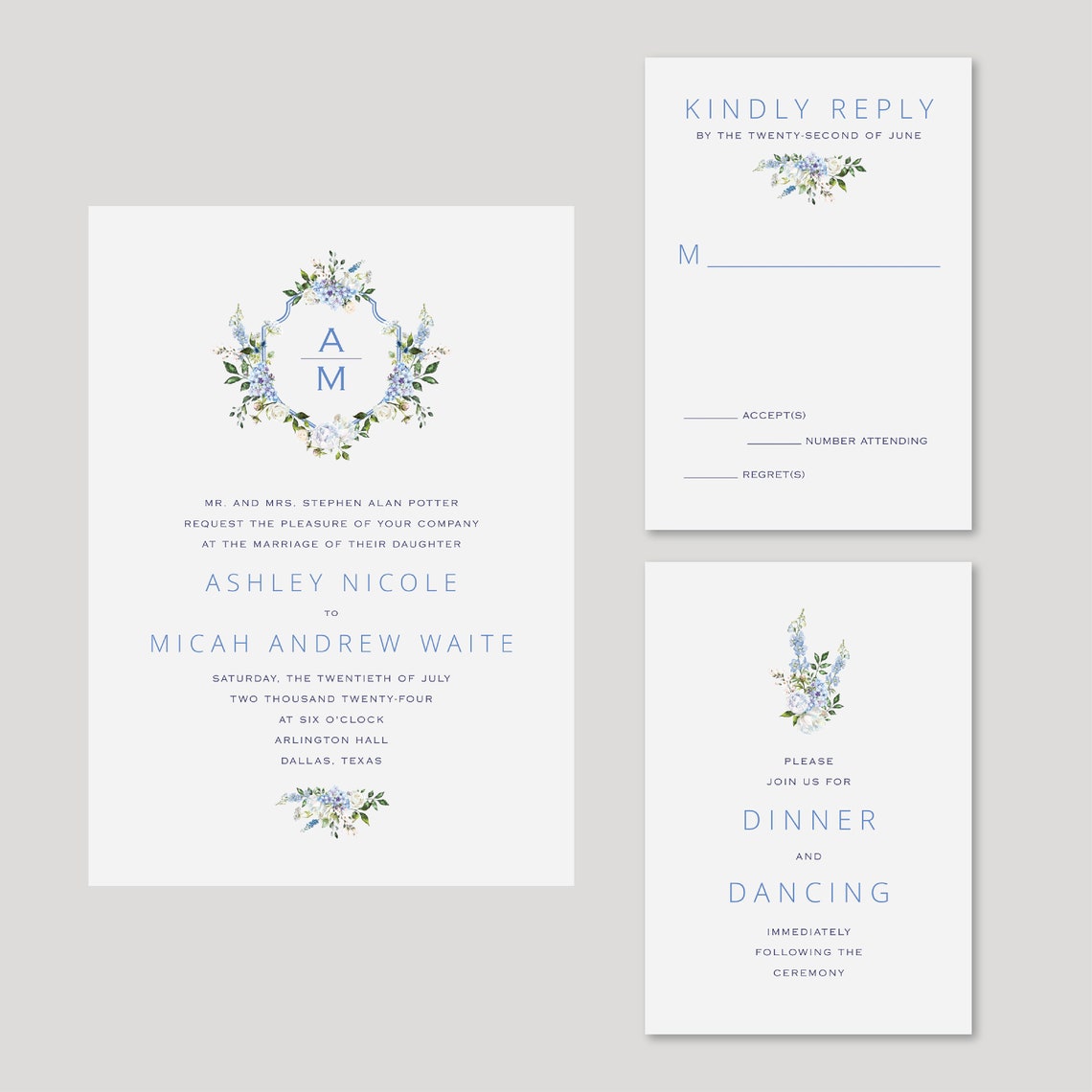 Blue Hydrangea Watercolor Wedding Crest Editable Invitation Suite ...