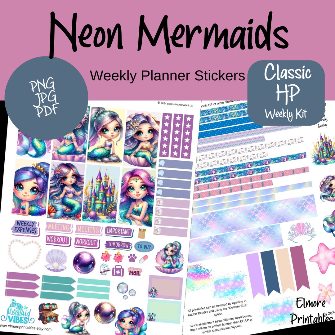 Mermaid Planner Stickers Vertical Layout Classic HP Weekly Layout Neon ...