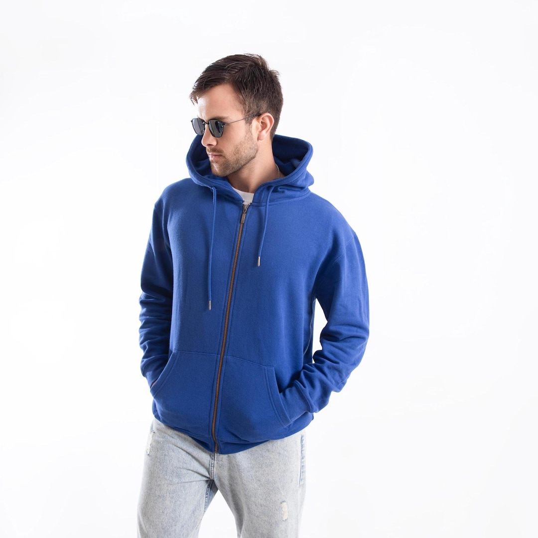 Men's Royal Blue Zip-up Hoodie: Cotton Blend - Etsy
