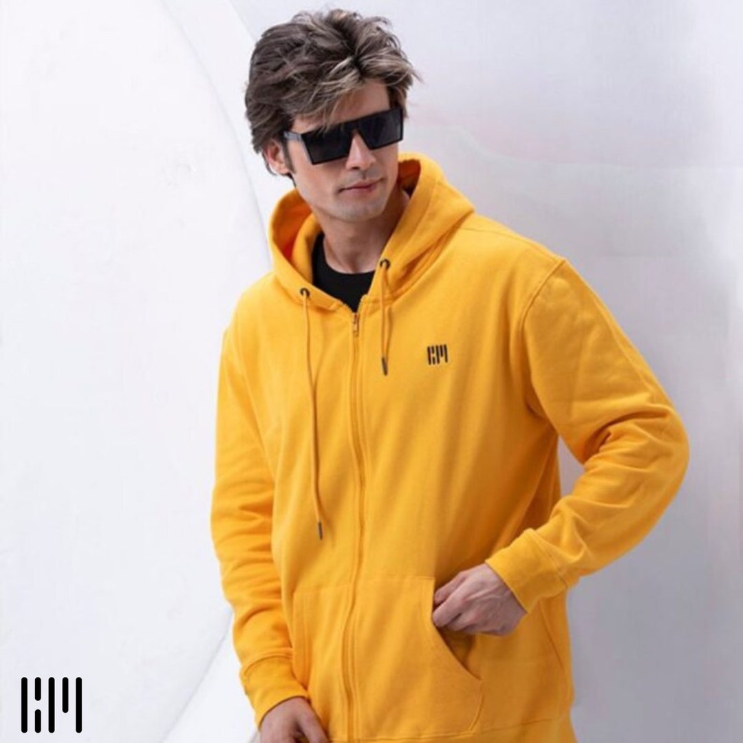 Premium Yellow Cotton Men's Zip-up Hoodie Yellow Plain Hoodie for ...