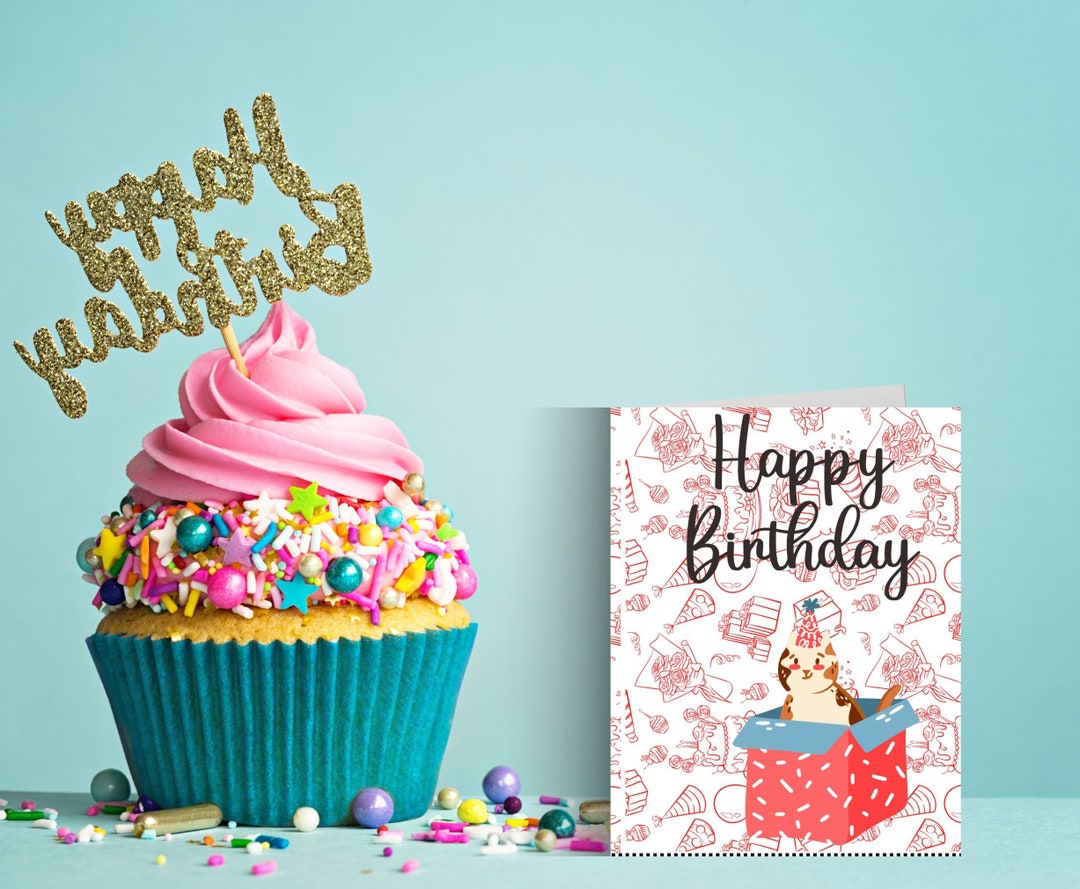 7x10 Birthday Greeting Card Red Box Cat - Etsy