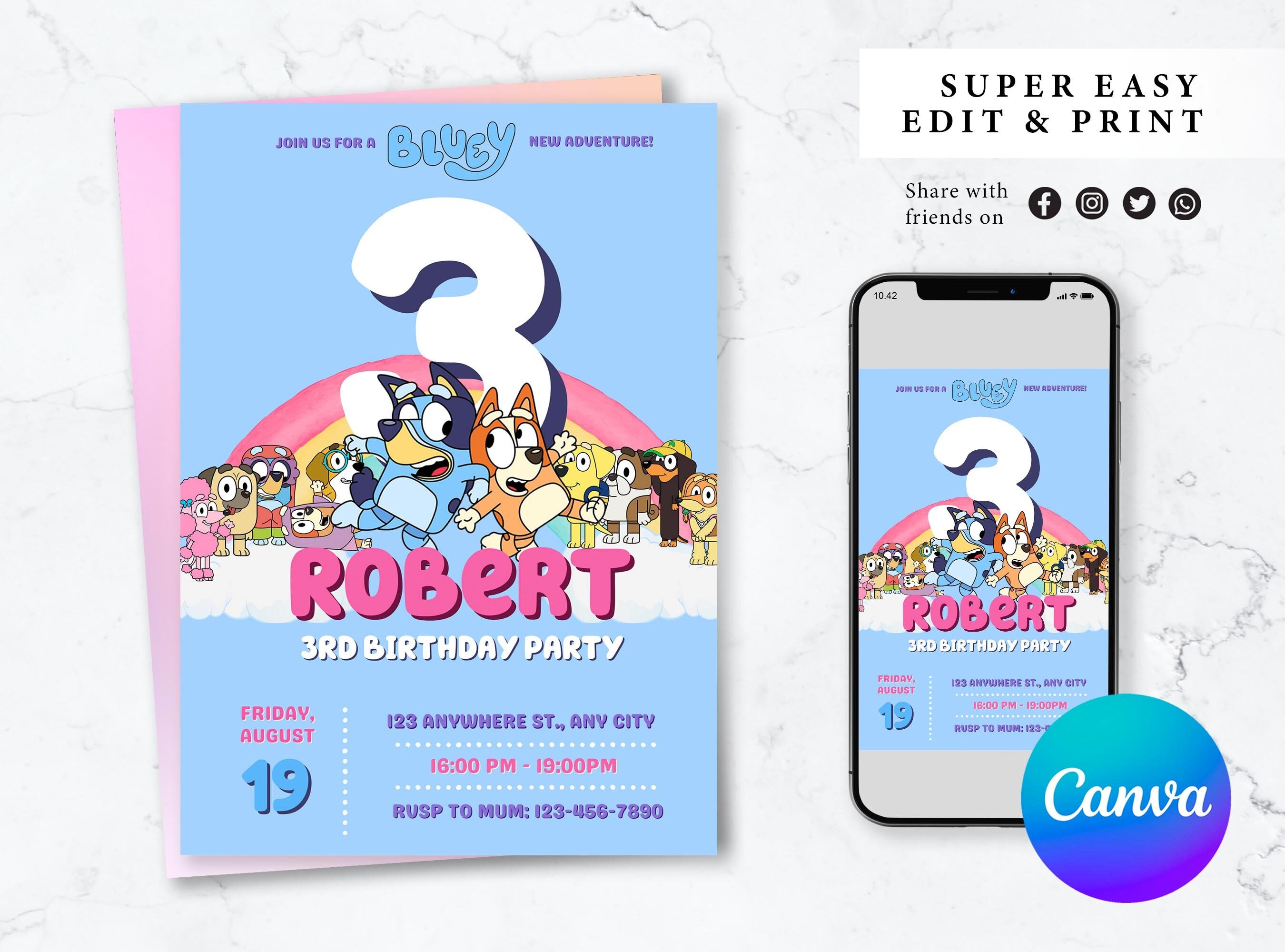 Bluey & Bingo Birthday Editable Invitation, Bluey Birthday Decorations ...